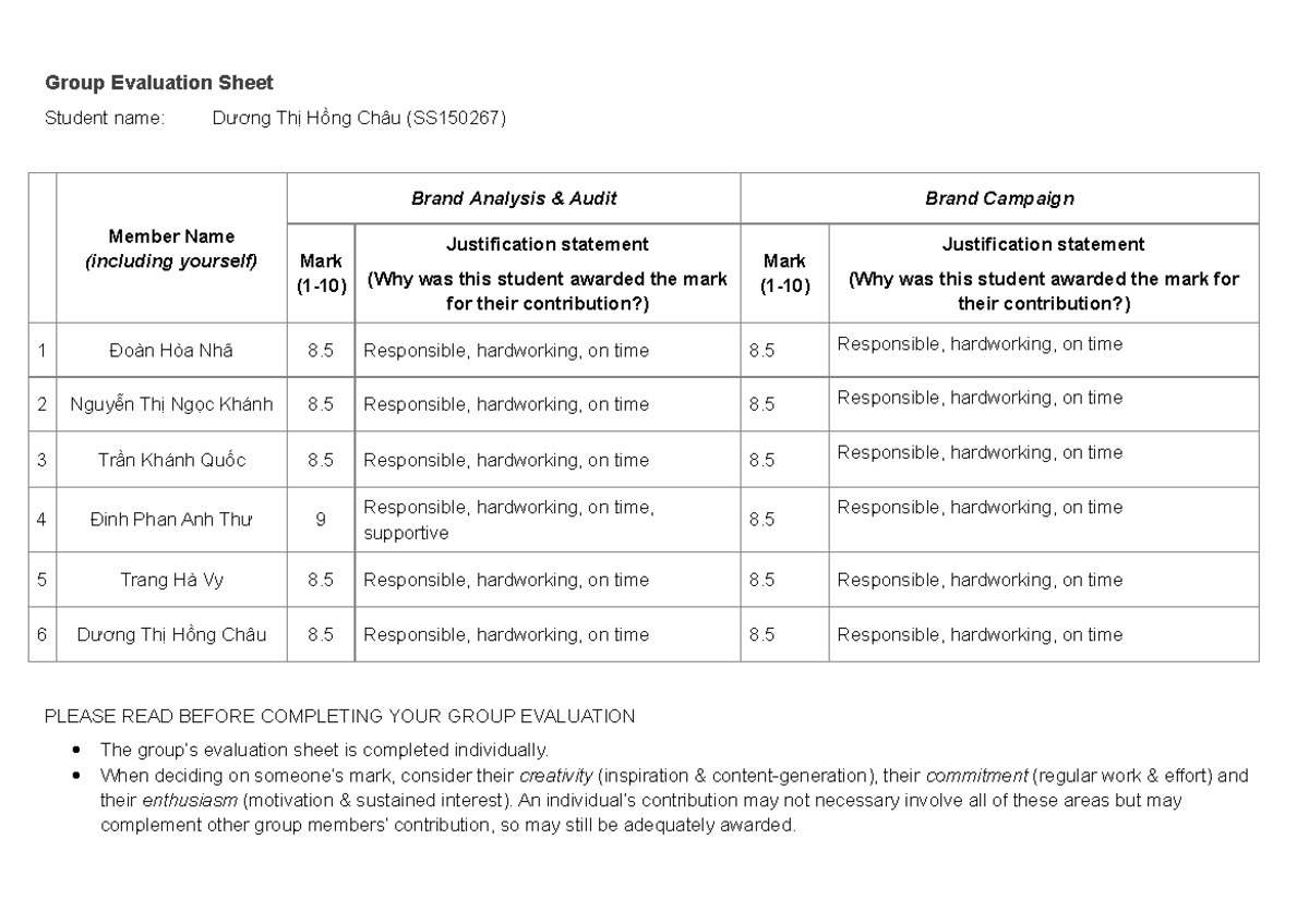 Group Evaluation Form - aaa - Group Evaluation Sheet Student name ...