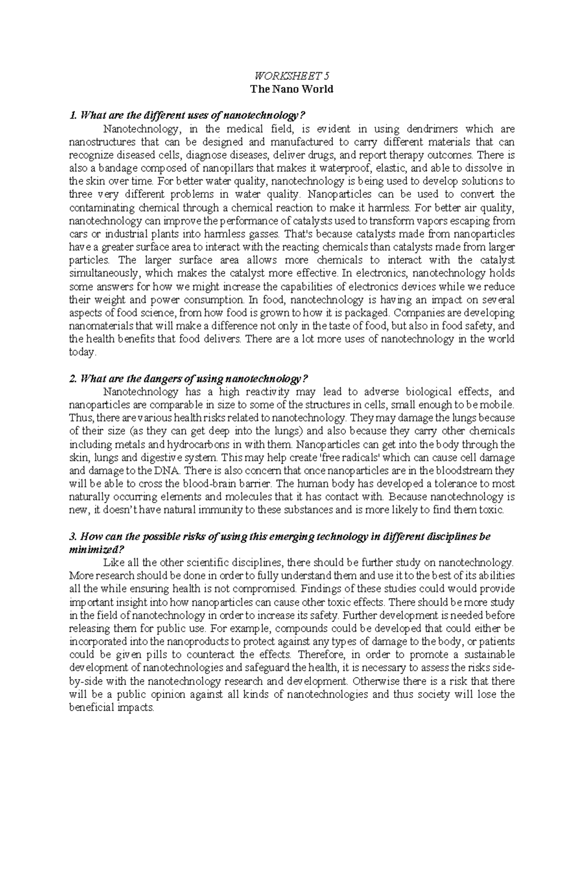 5. The Nano World - WORKSHEET 5 The Nano World 1. What are the ...