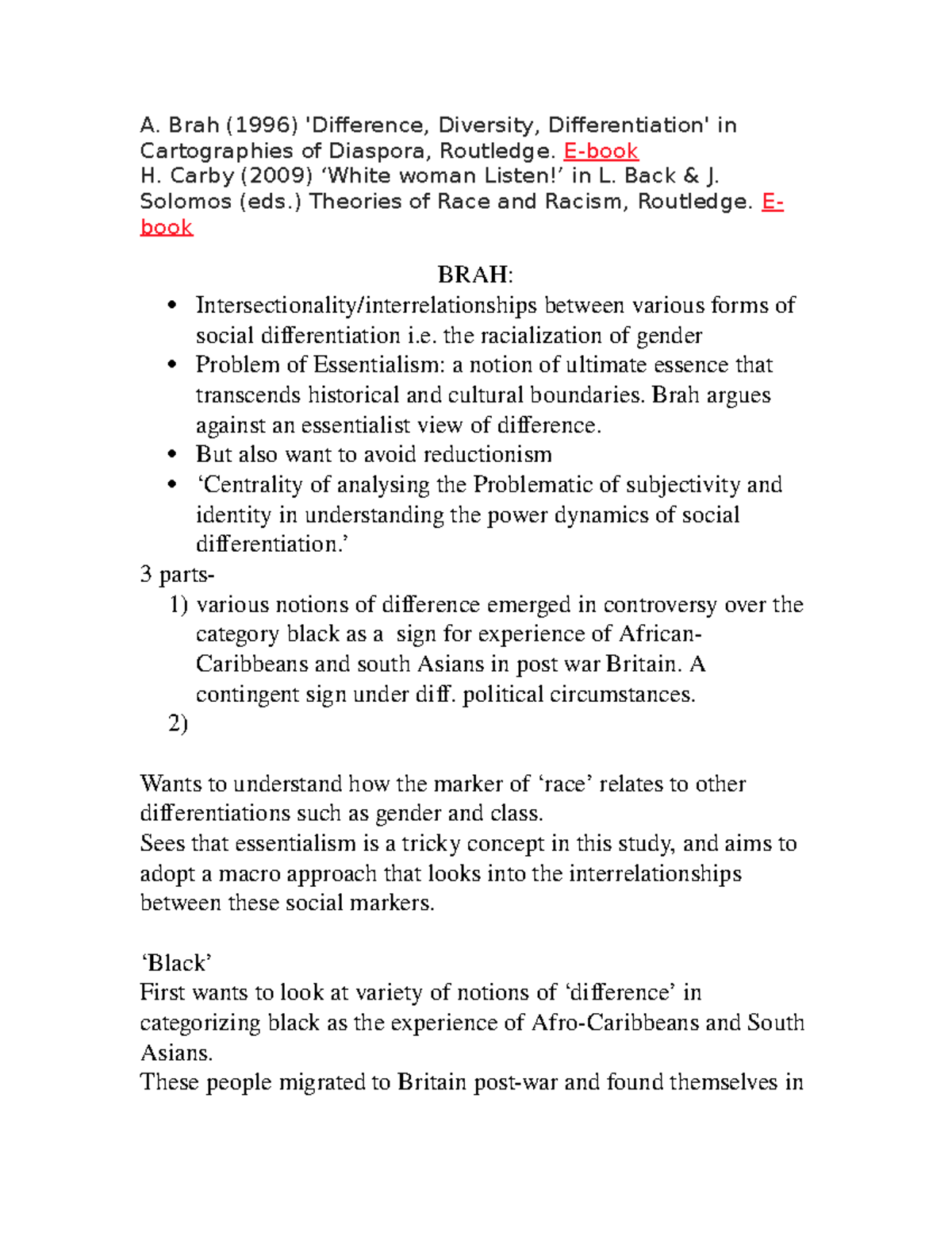 Week 7 reading brah - A. Brah (1996) 'Difference, Diversity ...
