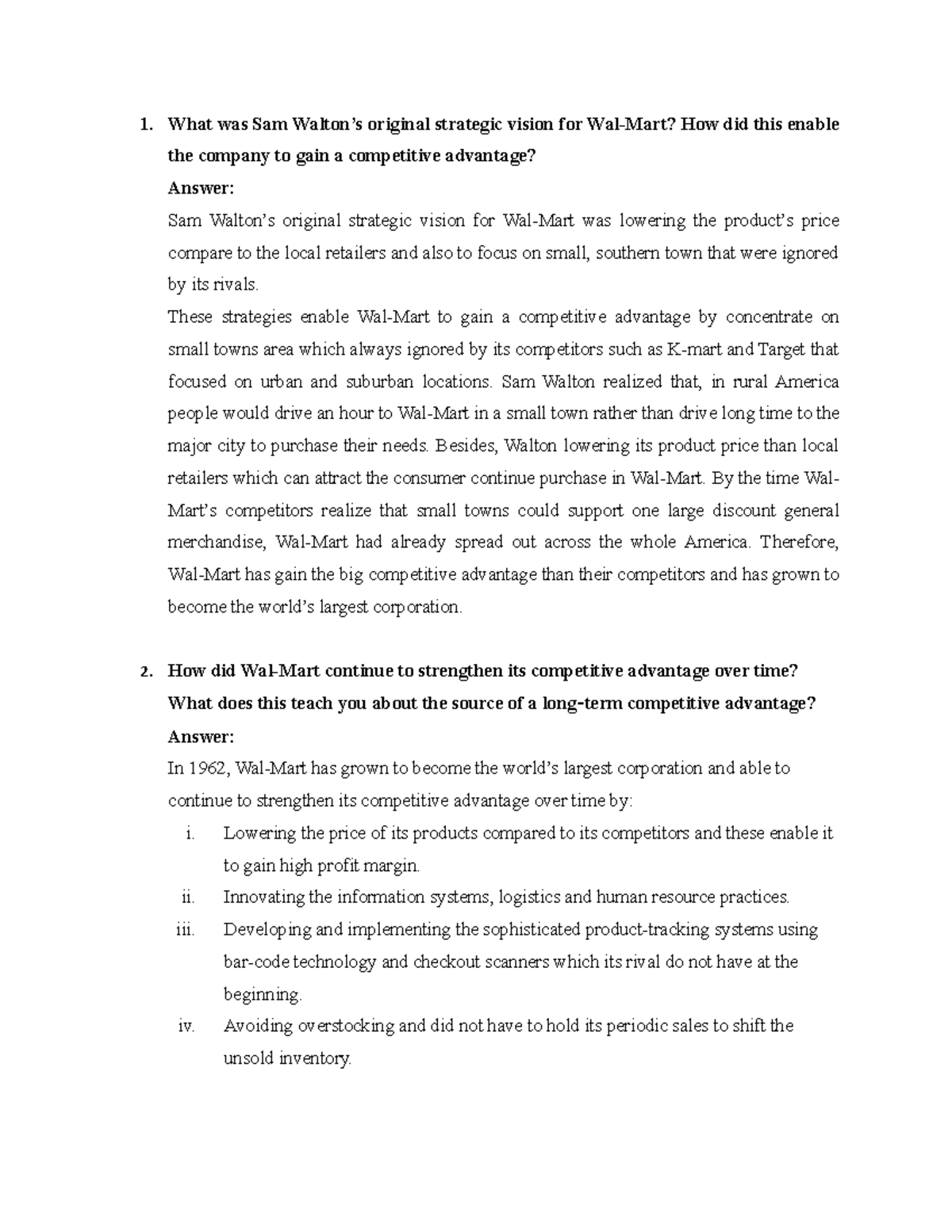Case study 1 Wal-Mart - 1. What was Sam original strategic vision for ...