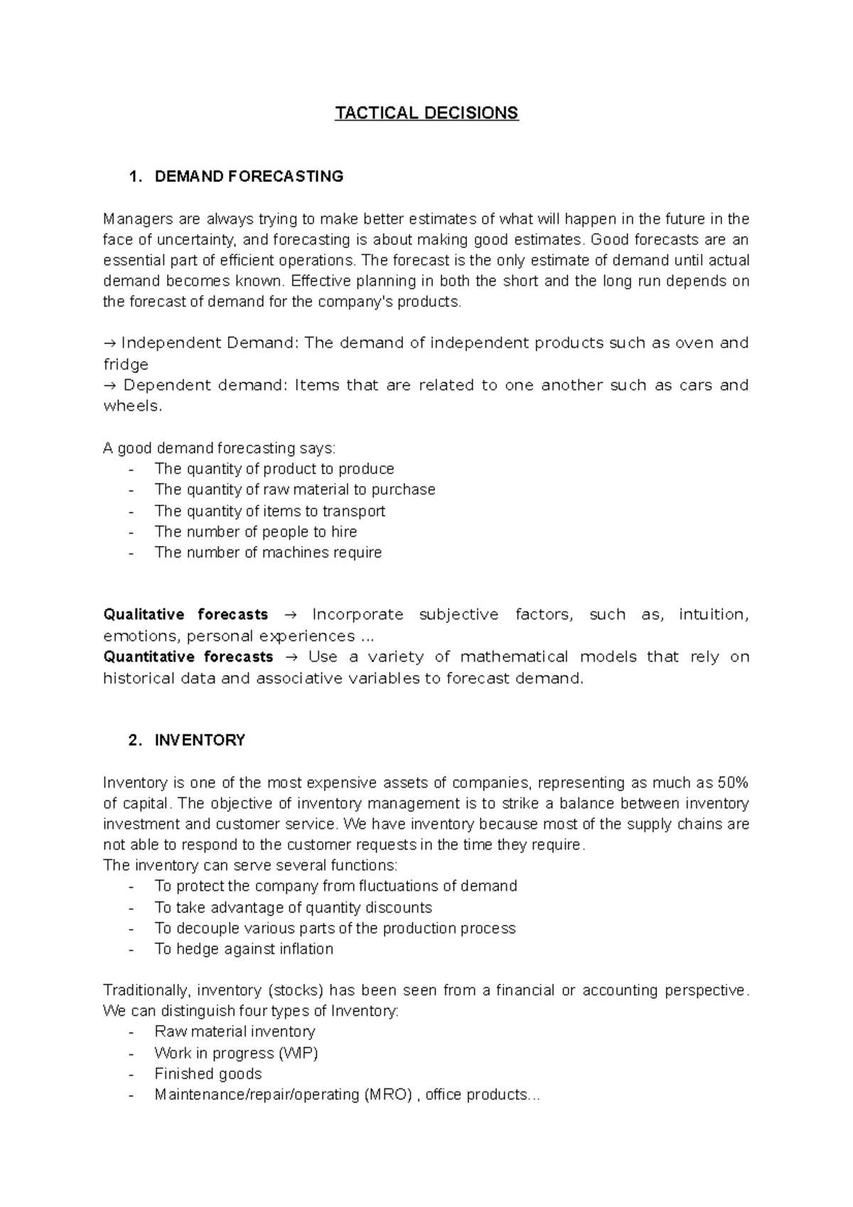 Tactical Decisions - Apuntes. - TACTICAL DECISIONS 1. DEMAND ...