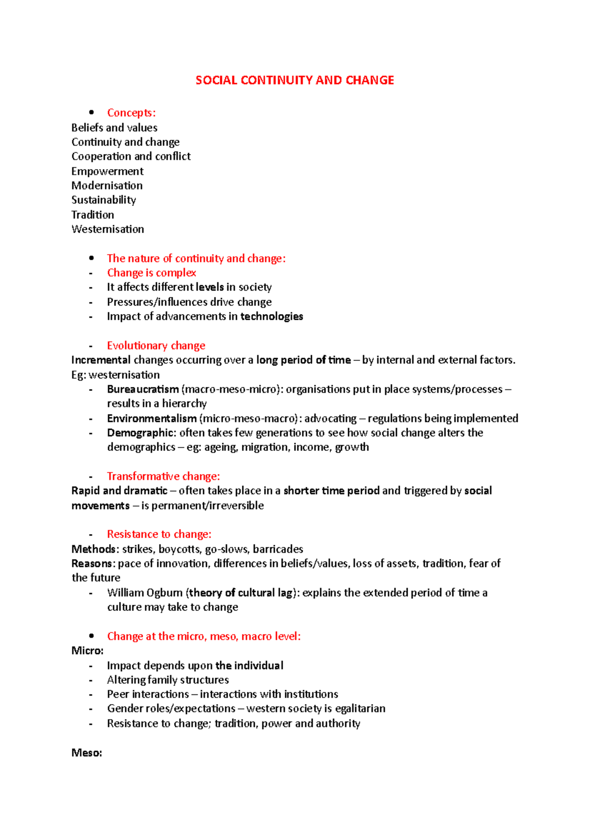 Continuity and change summaries - SOCIAL CONTINUITY AND CHANGE Concepts ...