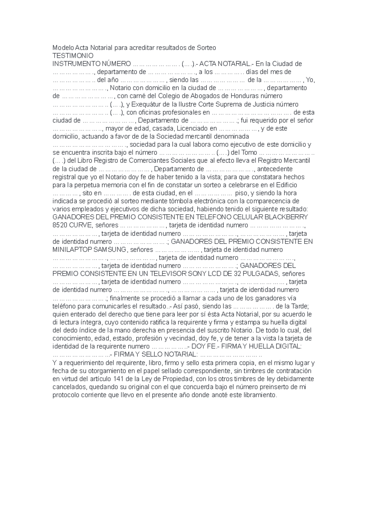 Modelo Acta Notarial - ..................... (....).- ACTA NOTARIAL ...