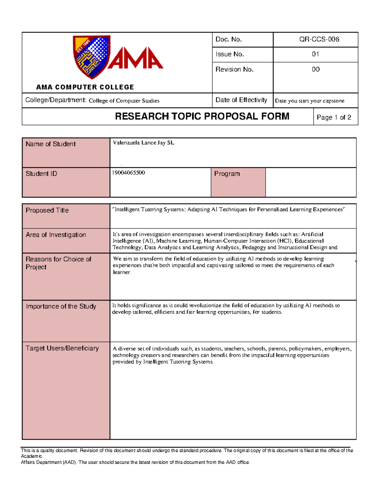 Intelligent-Tutoring-Systems proposal - AMA COMPUTER COLLEGE SANTIAGO ...