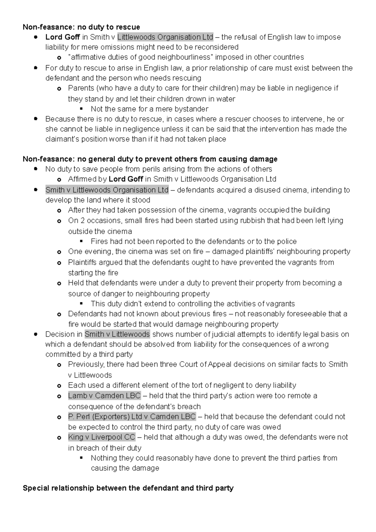 No duty to rescue - Tort Law - Non-feasance: no duty to rescue Lord ...