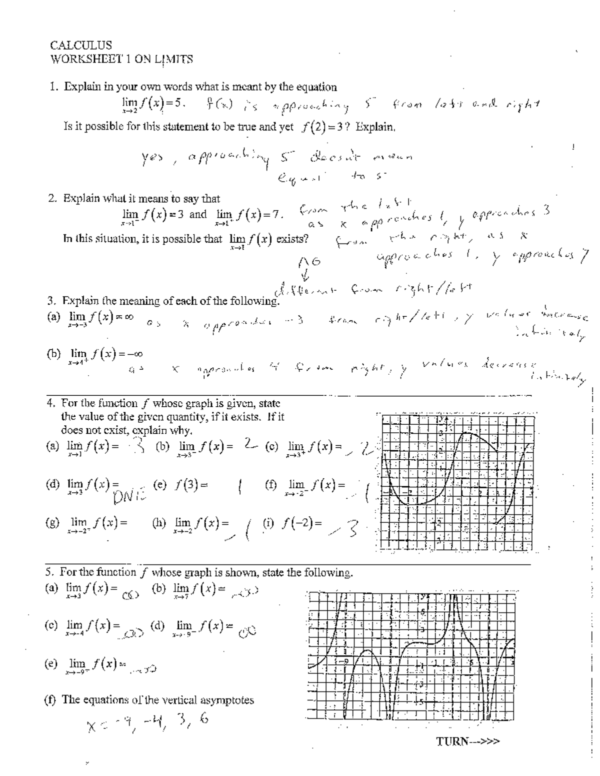 Ws 2 ans cont (1) - Math Precal Notes lecture - CALCULUS WORKSHEET 1 ON ...