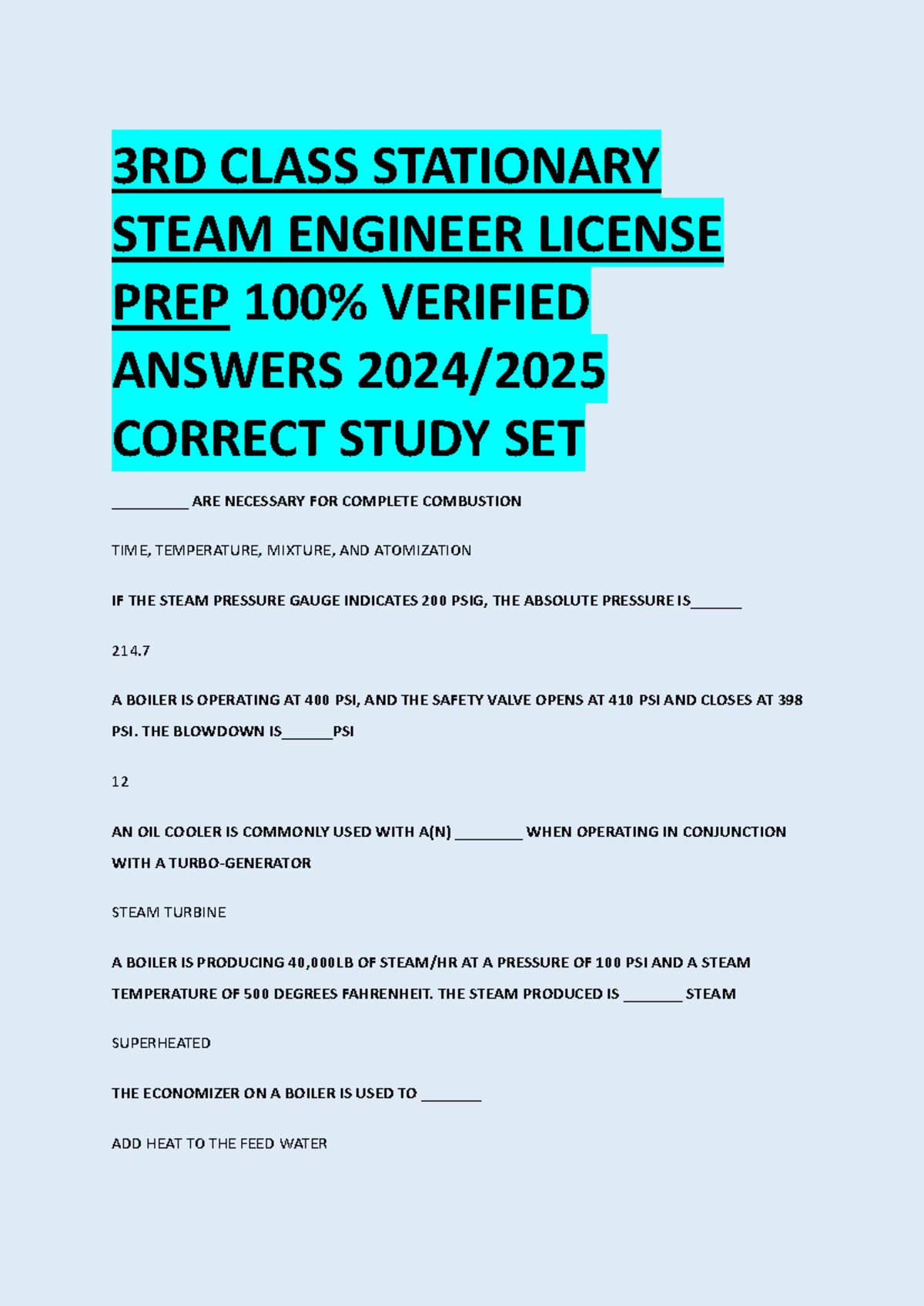 3RD CLASS STATIONARY STEAM ENGINEER LICENSE PREP 100% VERIFIED ANSWERS ...