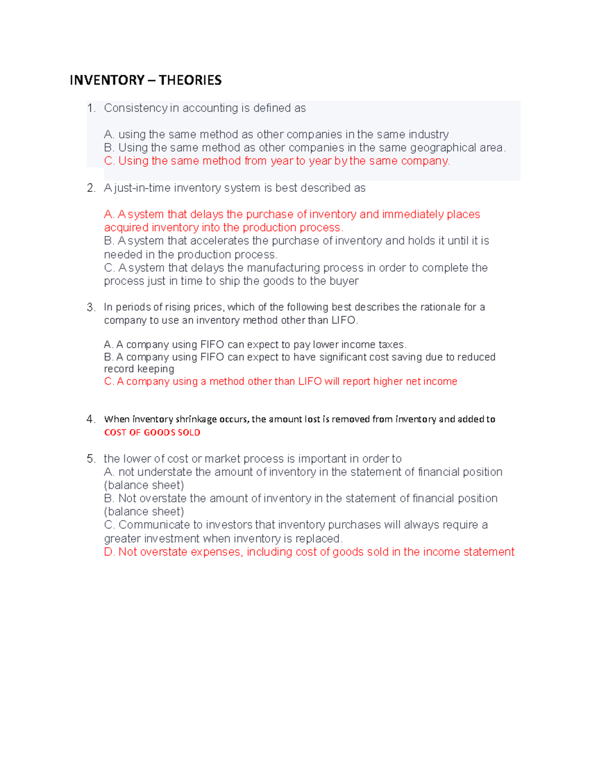Inventory 007 - INVENTORY – THEORIES Consistency in accounting is ...