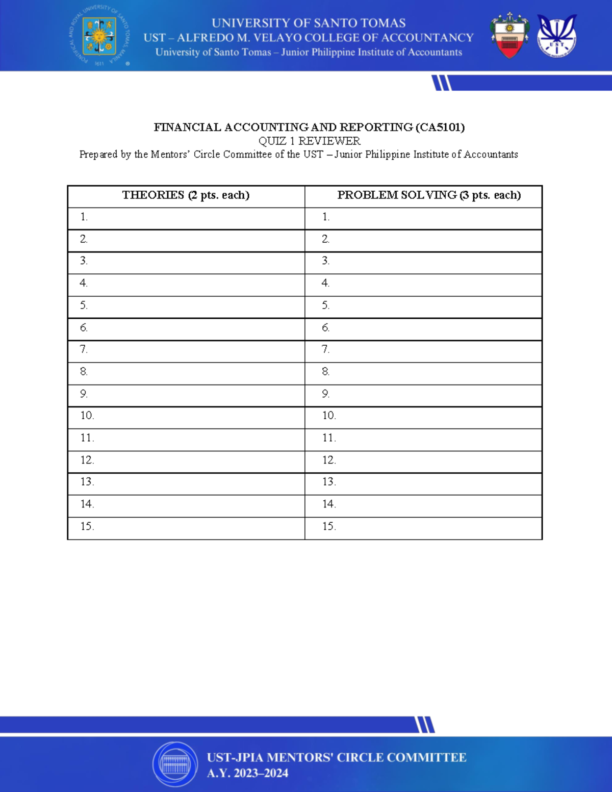 [UST-JPIA] QUIZ 1 Financial Accounting AND Reporting Questionnaire ...