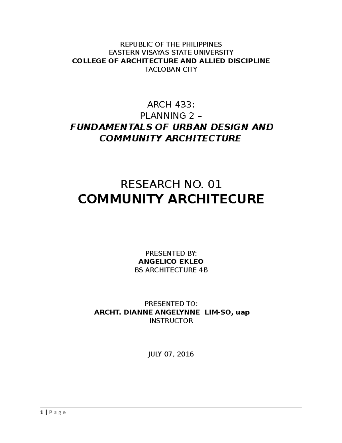 Community architecture and uraban design (planning 2) - REPUBLIC OF THE ...