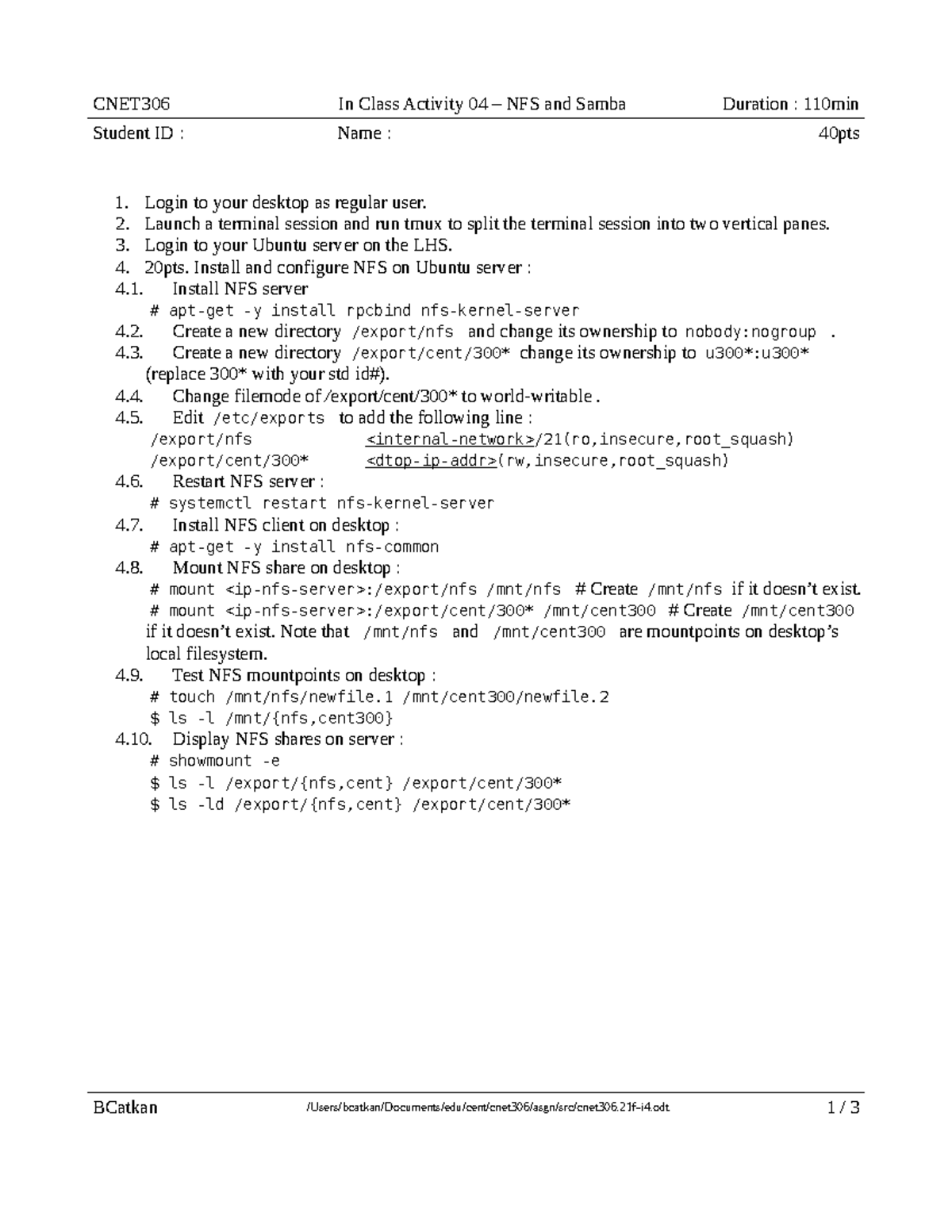 Cnet306 Inclass Assignment - CNET306 In Class Activity 04 – NFS and Samba Duration : 110min ...