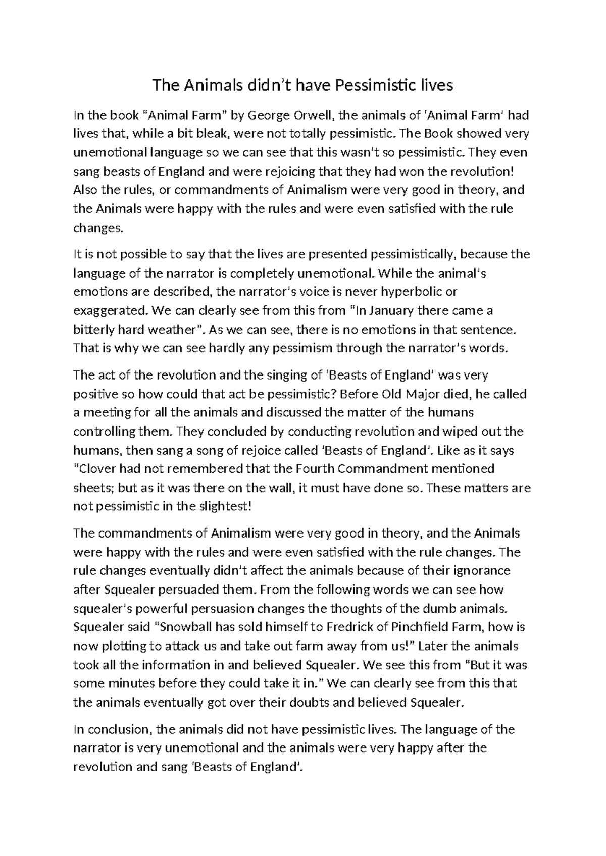 Animal Farm Pessimism - The Animals didn’t have Pessimistic lives In ...