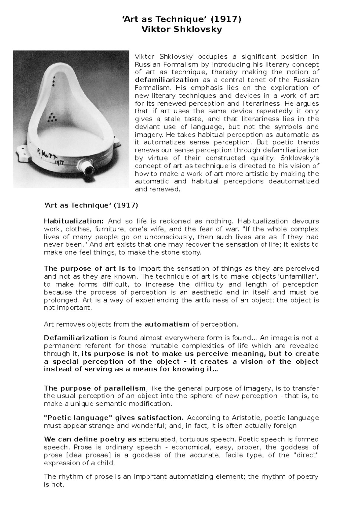 Art as technique shklovsky - ‘Art as Technique’ (1917) Viktor Shklovsky ...