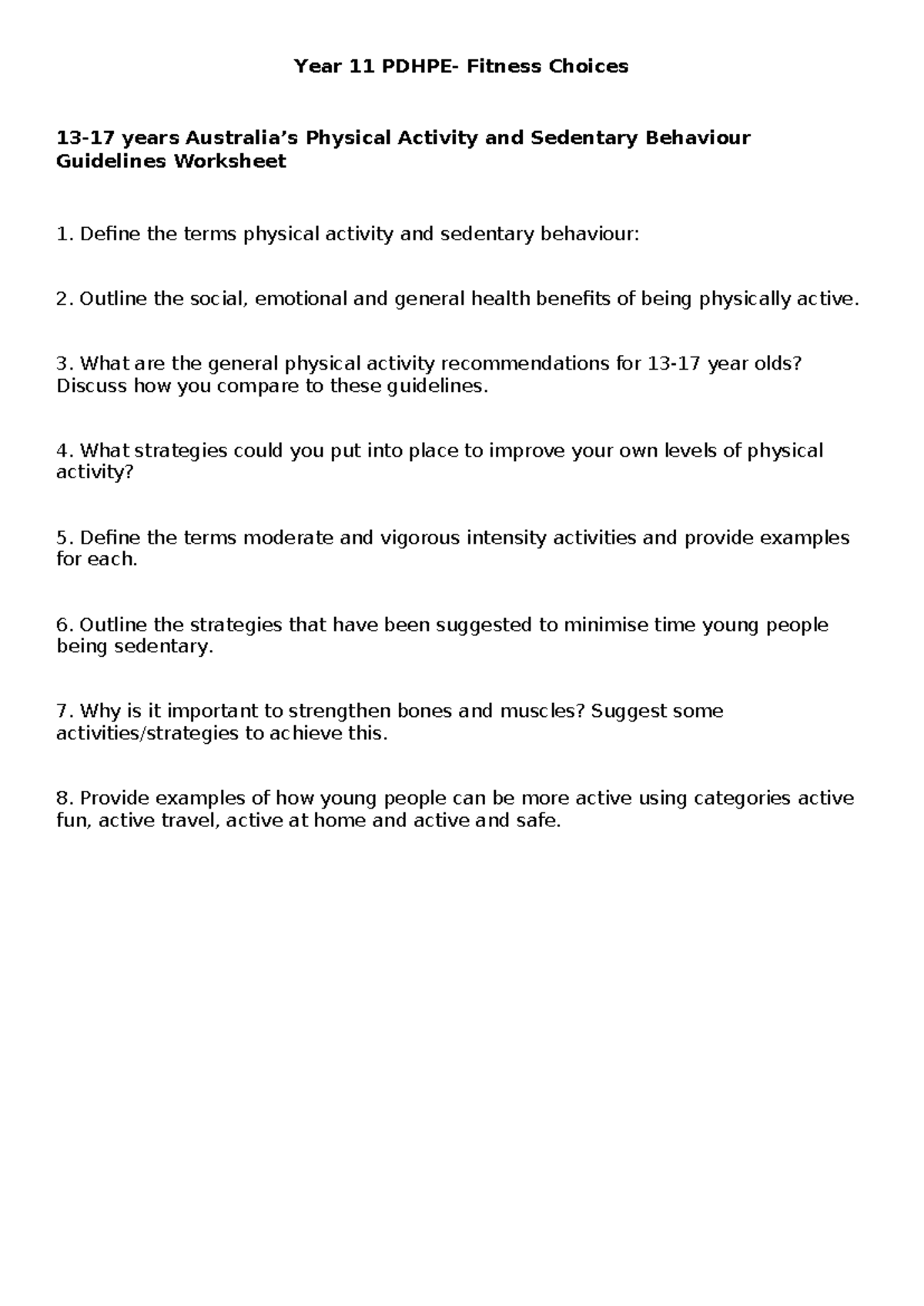 13-17 year old physical activity guidelines worksheet - Year 11 PDHPE ...