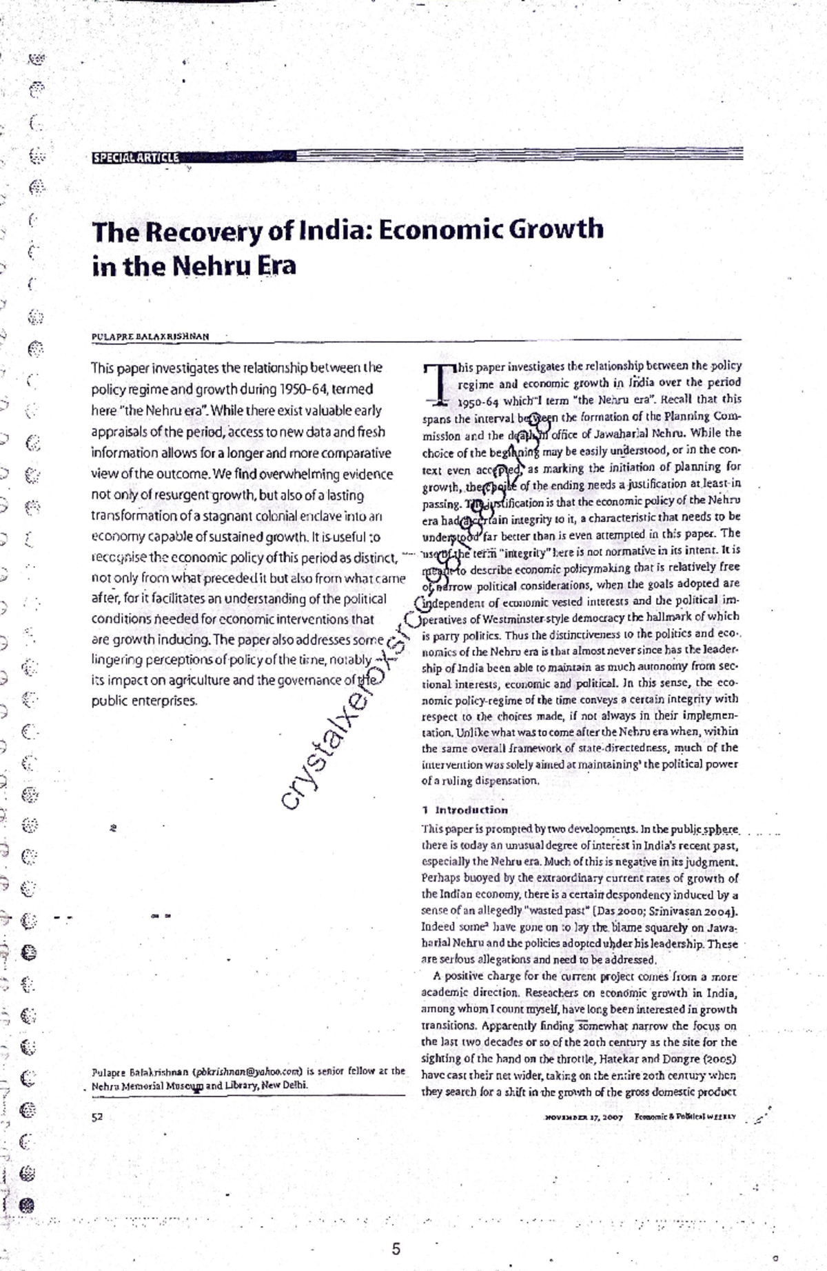 P Balakrishnan - ####### SPECIAL ARTICLE The Recovery of India ...