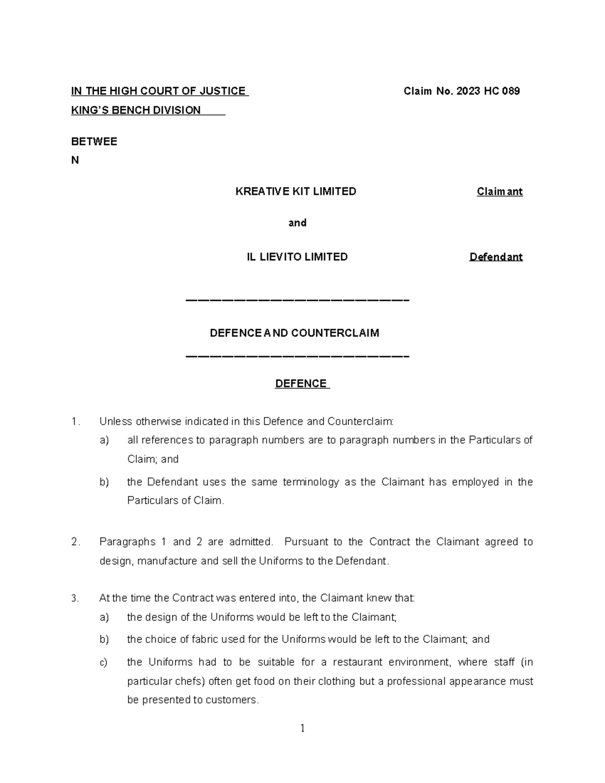 W4 Kreative Kit Exemplar Defence - IN THE HIGH COURT OF JUSTICE KING’S ...
