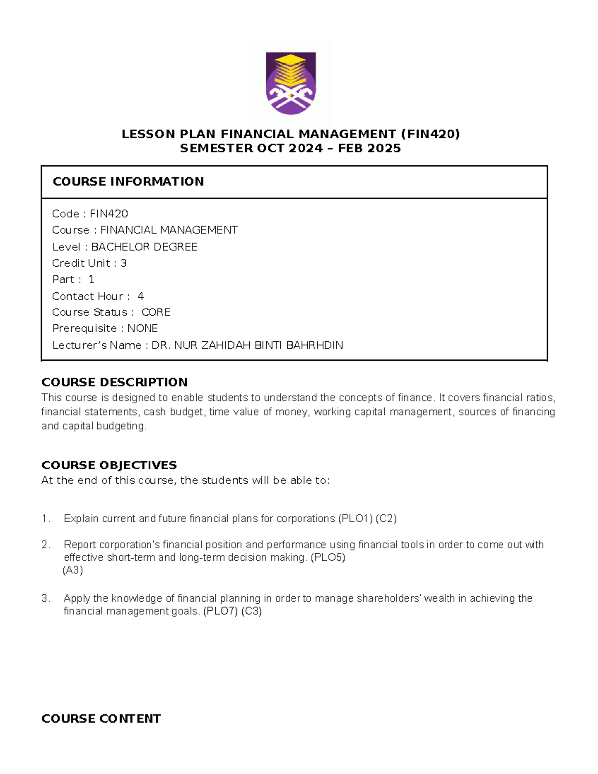 FIN420 Template- Lesson PLAN SEM OCT FEB 2025 with Model A.D - LESSON ...