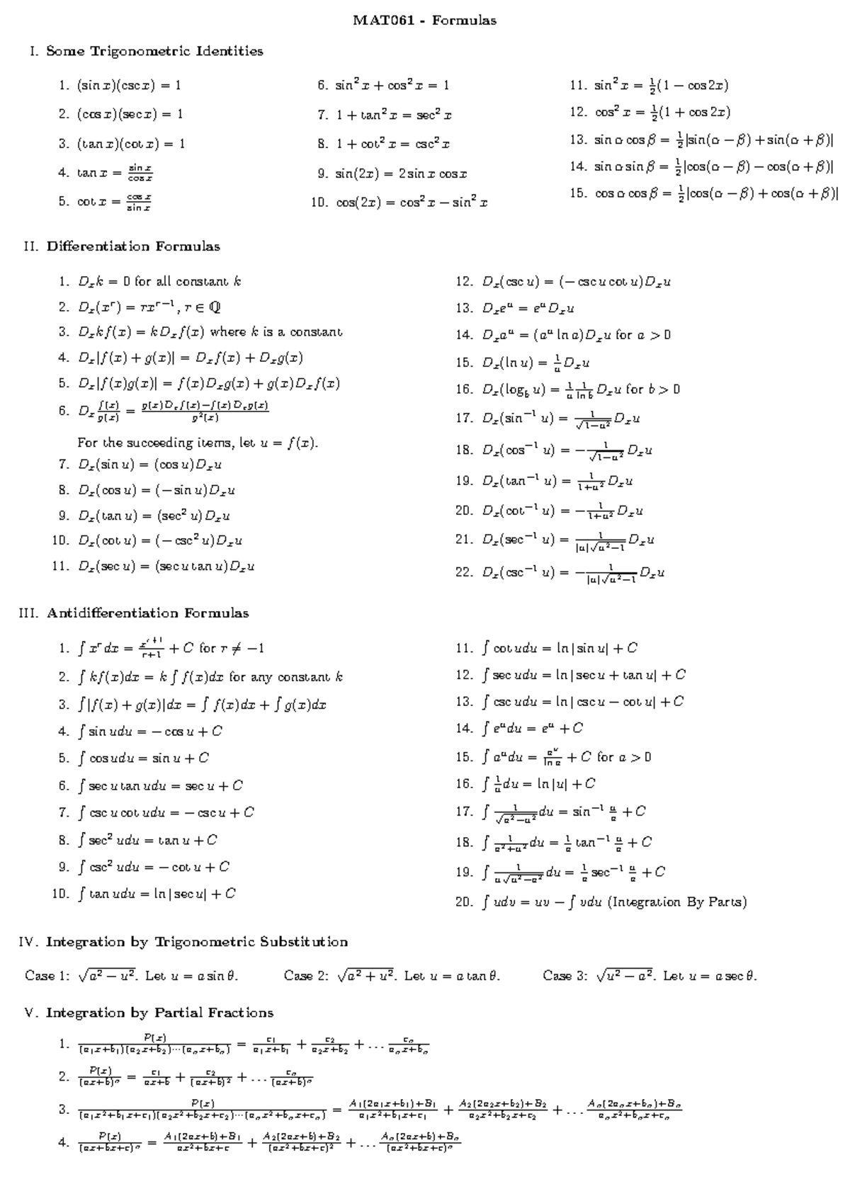 Differential and Antidifferential Formulas - MAT061 - Formulas I. Some ...