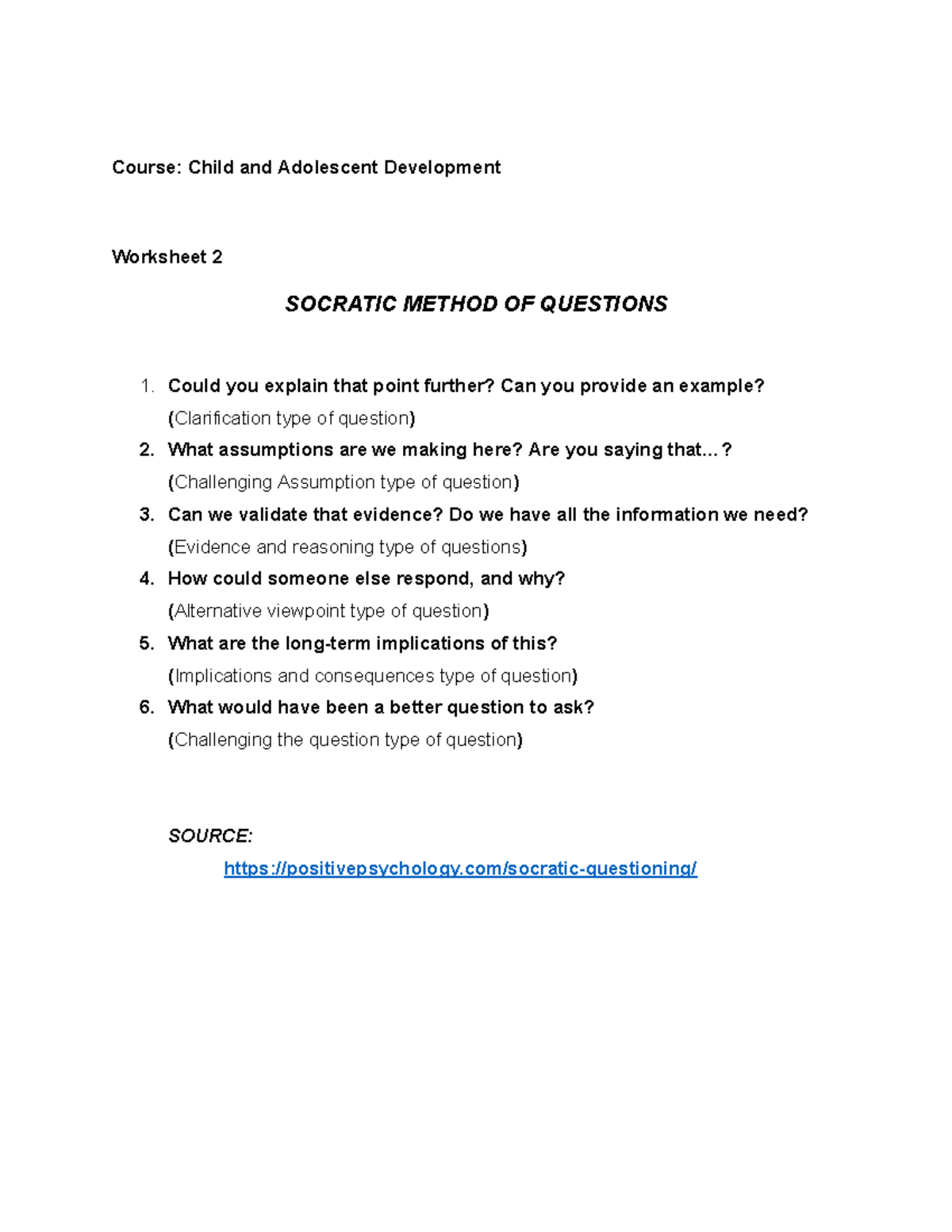 Worksheet 2 CAD - Course: Child and Adolescent Development Worksheet 2 ...