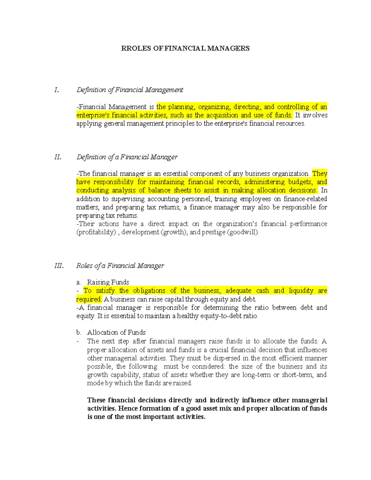 Roles OF Financial Managers - RROLES OF FINANCIAL MANAGERS I ...
