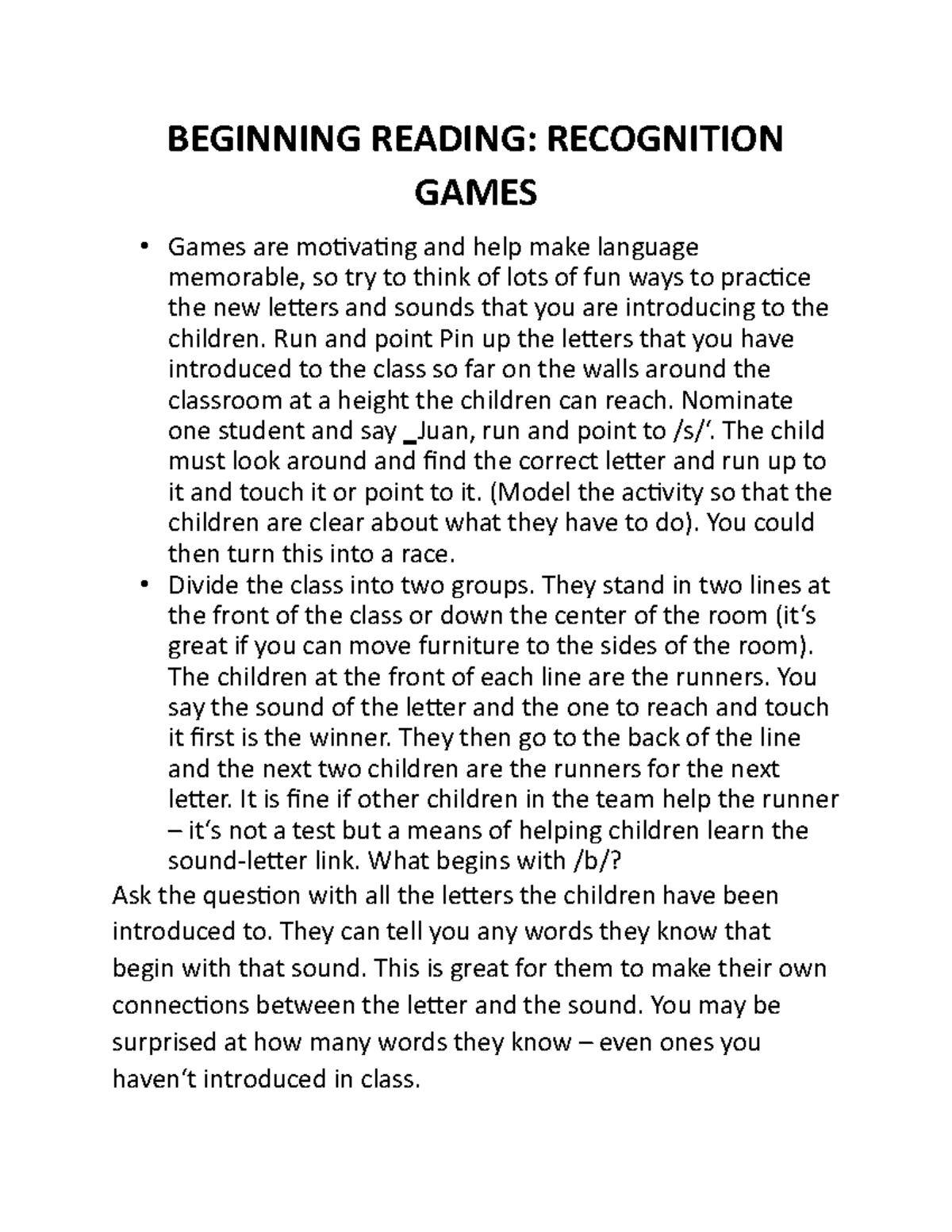 Beginning Reading Recognition Games - BEGINNING READING: RECOGNITION ...