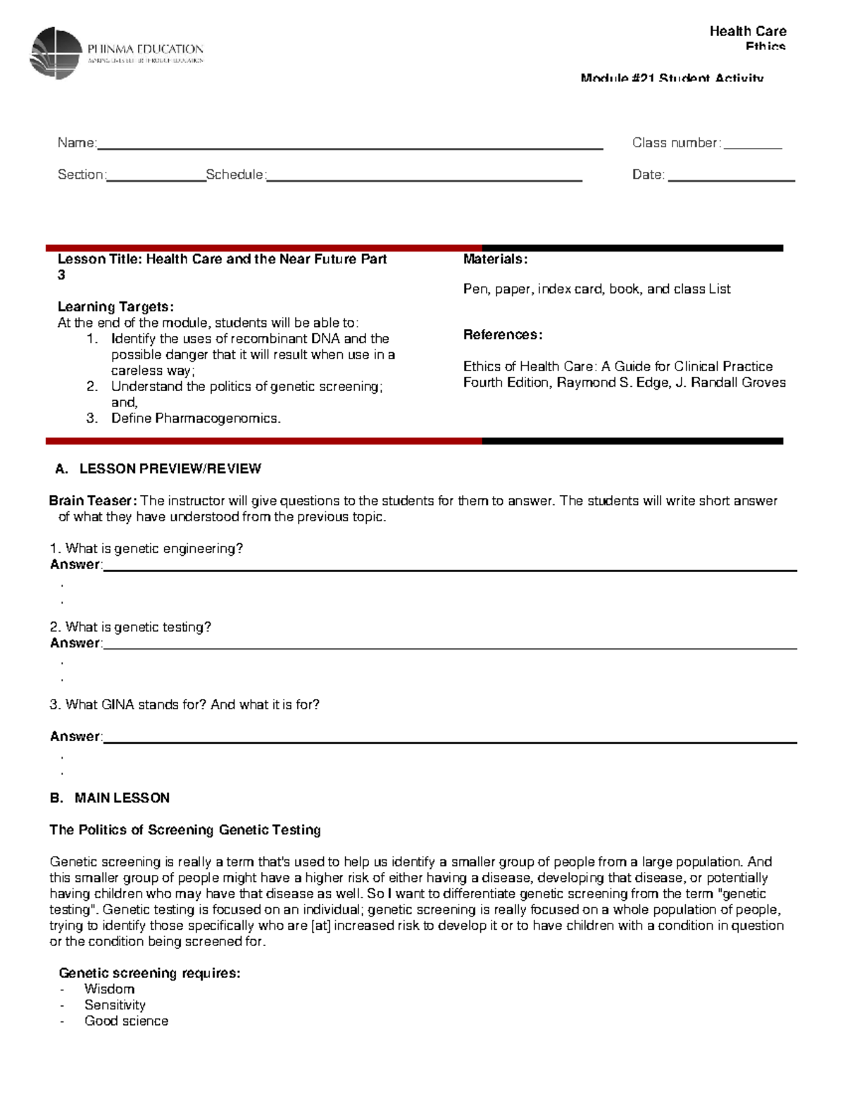 SAS 21 Bioethics - Ethics (Bioethics) Module #21 Student Activity Sheet ...