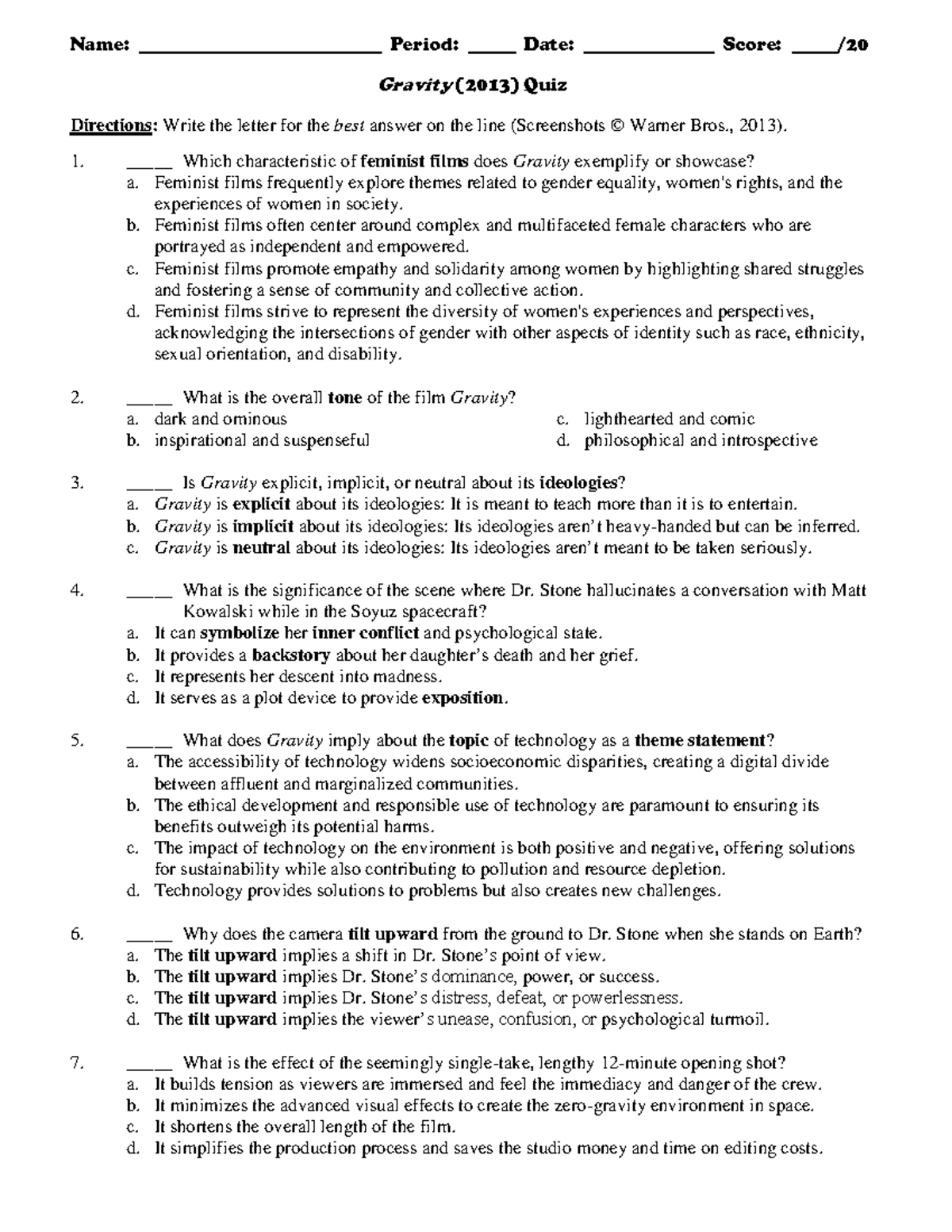 Gravity Film 2013 20 Question Matchingand Multiple Choice Quiz-1 - Name