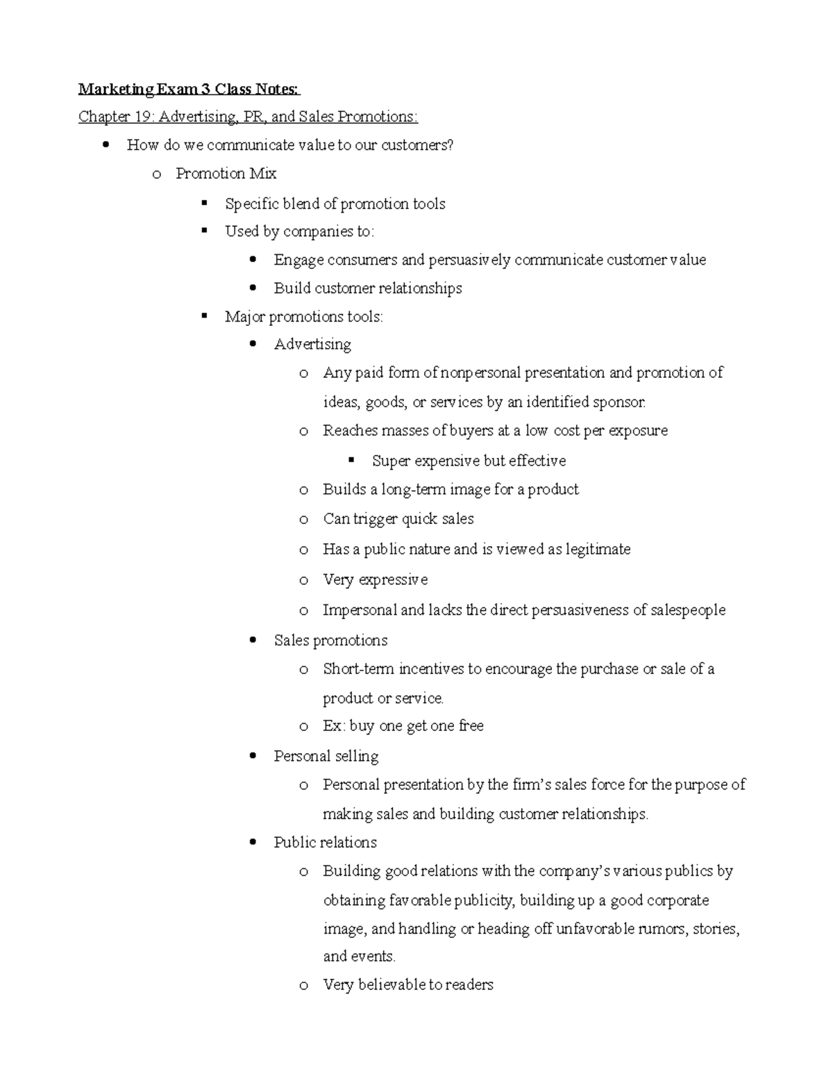 Marketing Exam 3 Class Notes - Marketing Exam 3 Class Notes: Chapter 19 ...