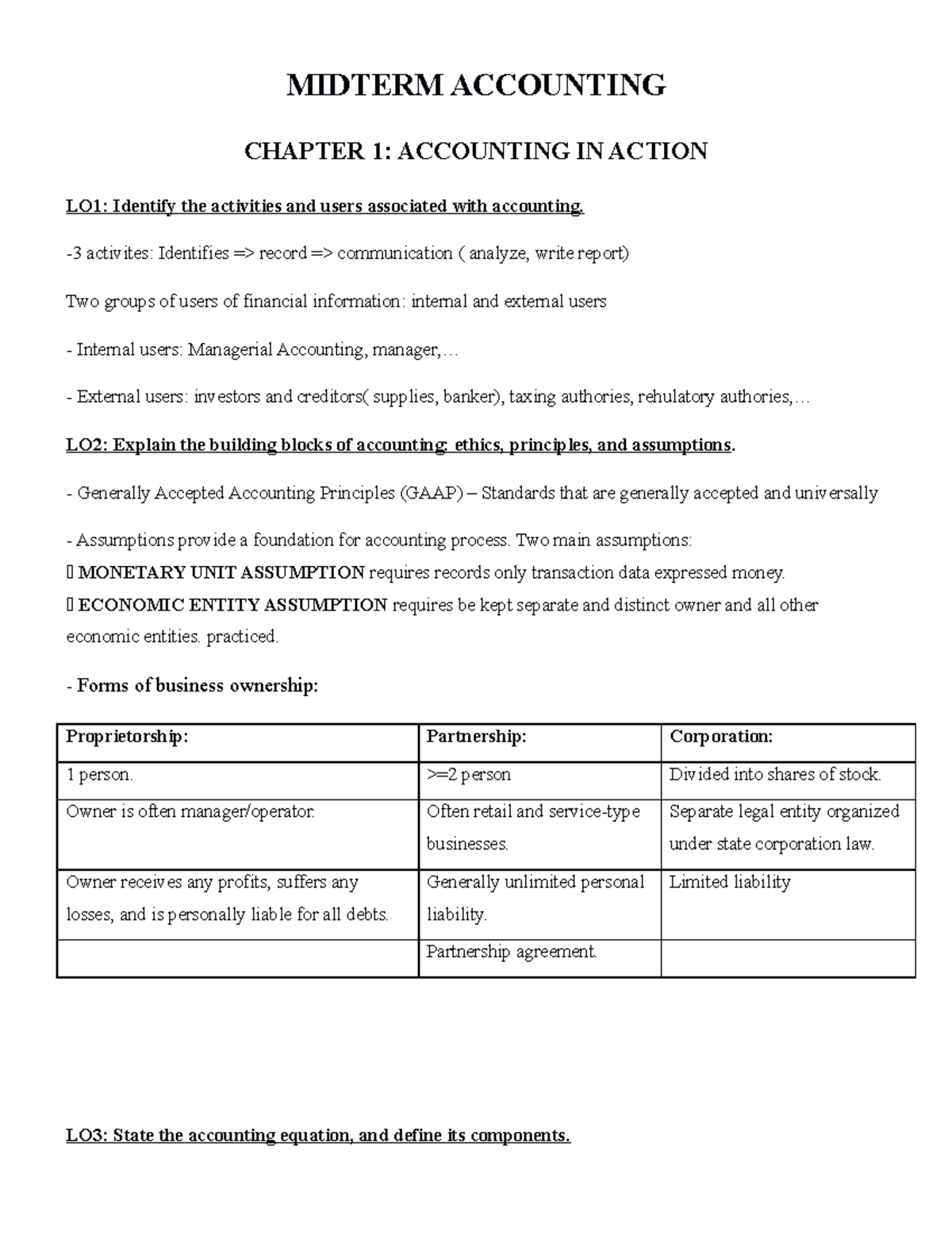 Midterm Accounting - MIDTERM ACCOUNTING CHAPTER 1: ACCOUNTING IN ACTION LO1: Identify the ...