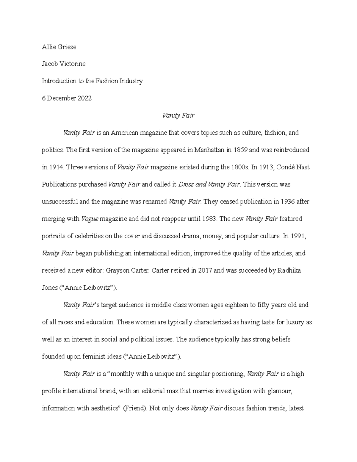 Chapter 12 Assignment - Fashion Publication Essay - Allie Griese Jacob ...