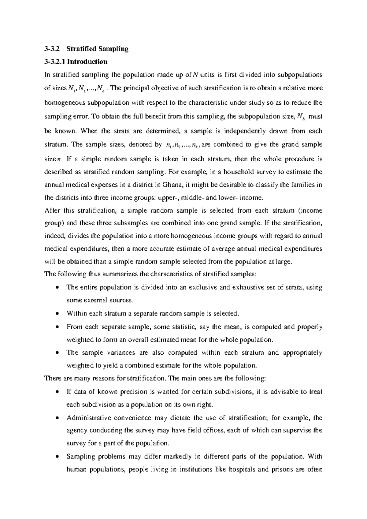 Statified Sampling notes - 3-3 Stratified Sampling 3-3.2 Introduction ...