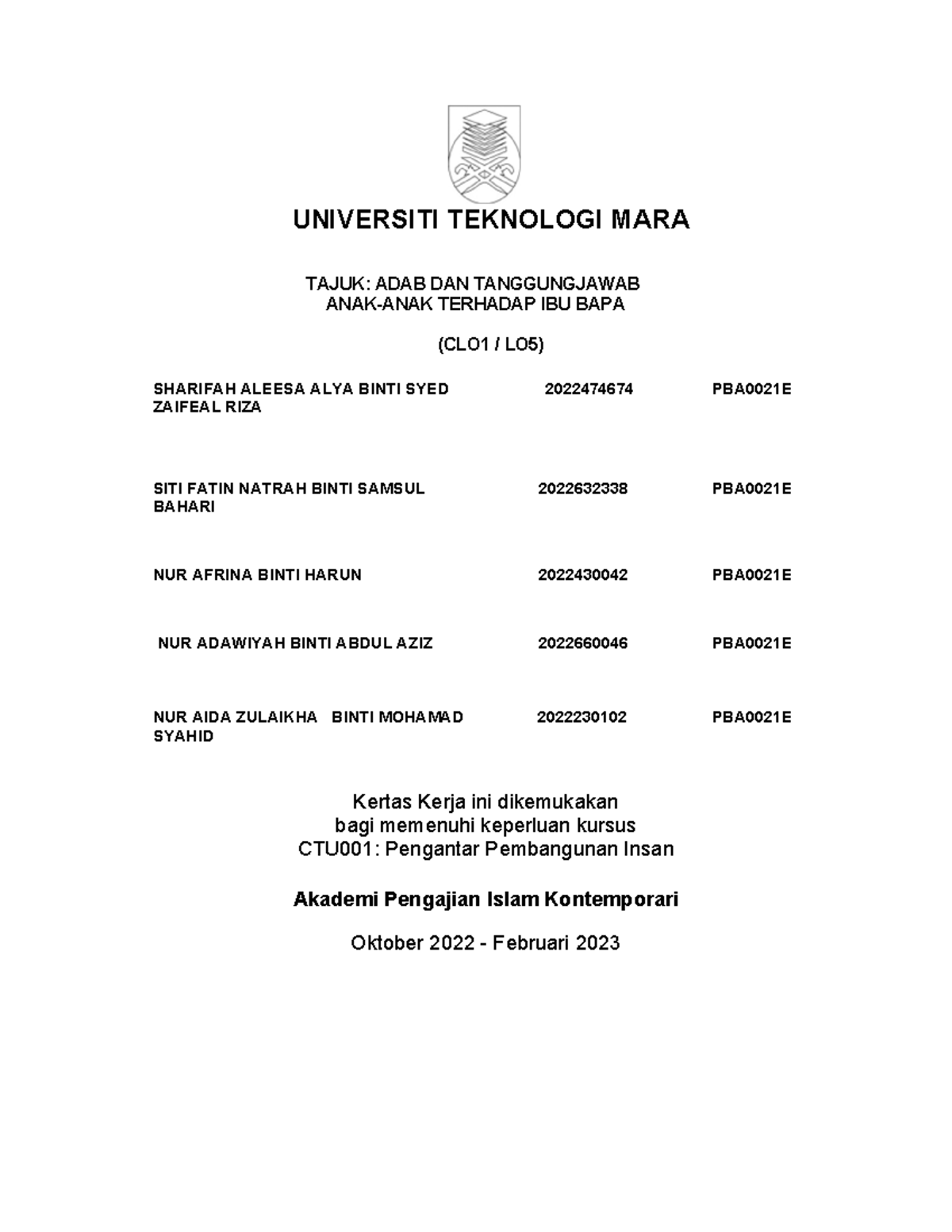 CTU Assignment Group 5 (PBA0021E) - UNIVERSITI TEKNOLOGI MARA TAJUK ...