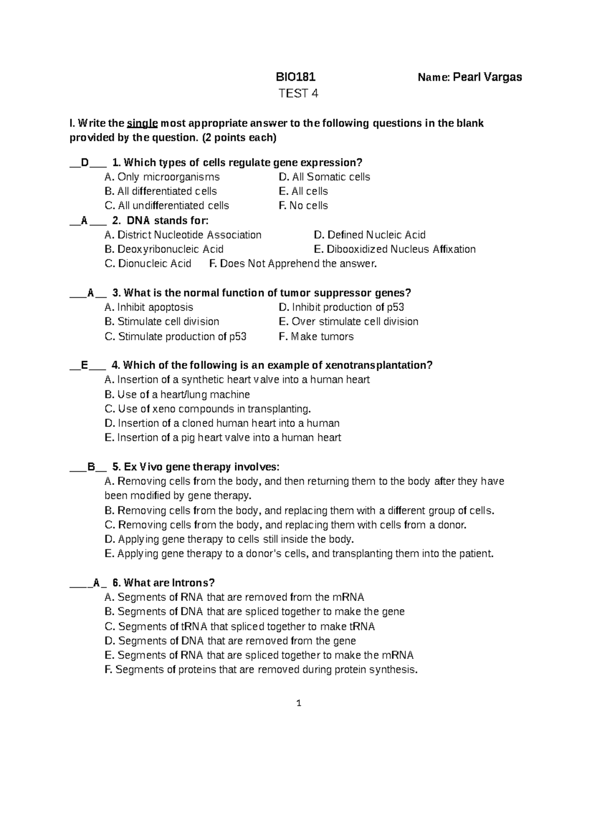 Pearl Test #4 - Practice test - BIO181 Name: Pearl Vargas TEST 4 I ...