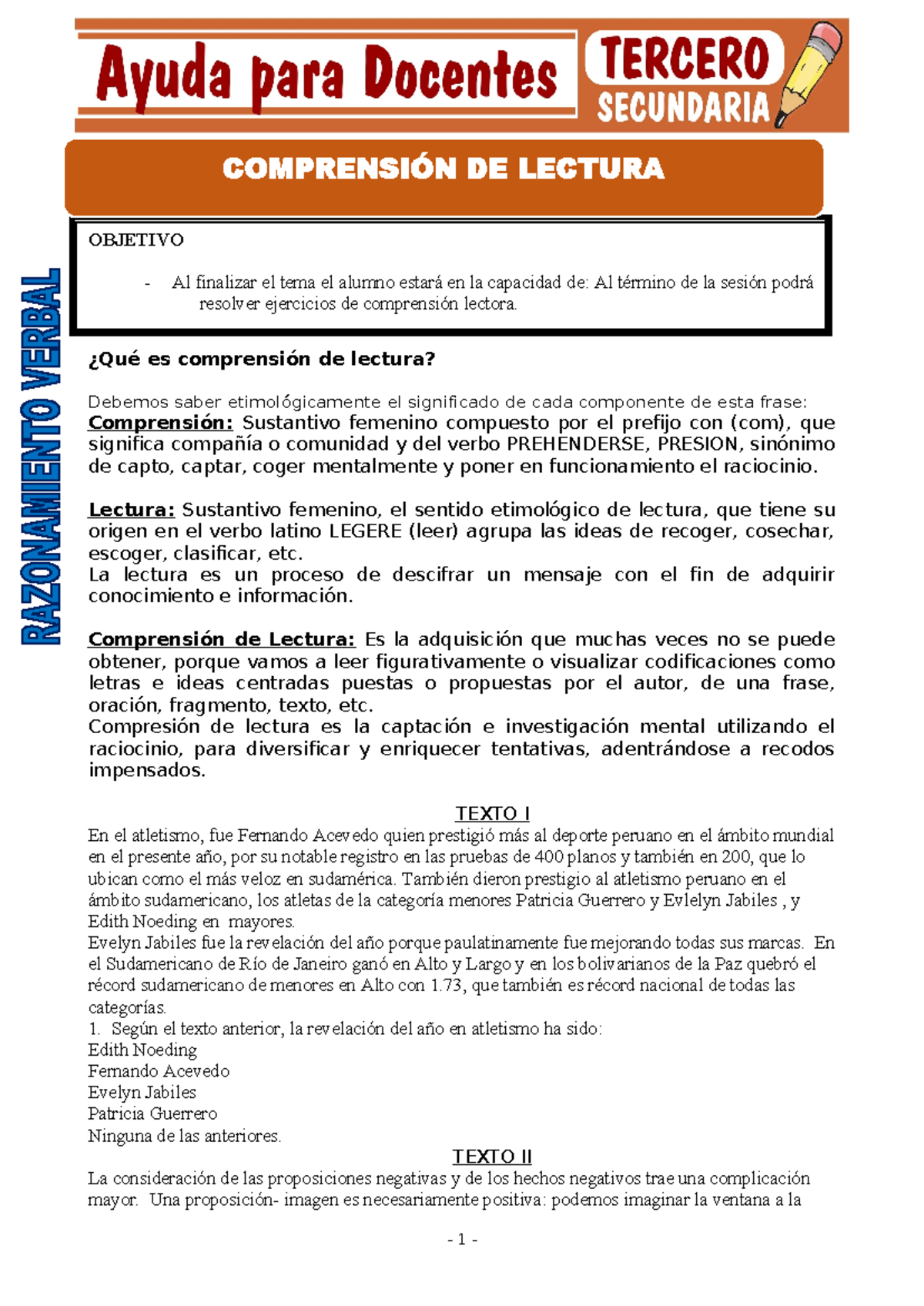 Comprension de Lectura Para Tercero de Secundaria - OBJETIVO - Al ...