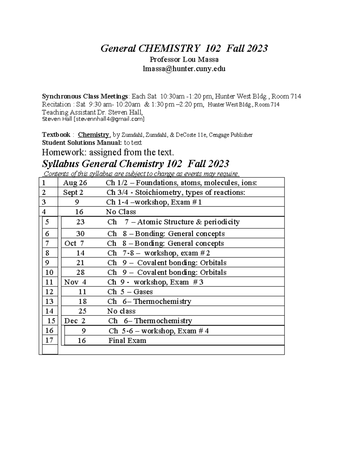 Syllabus 102 fall semester 2023 vers # 1 - General CHEMISTRY 102 Fall ...
