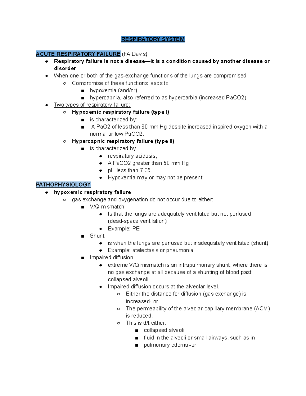 Critical CARE EXAM 3 - RESPIRATORY SYSTEM ACUTE RESPIRATORY FAILURE (FA ...