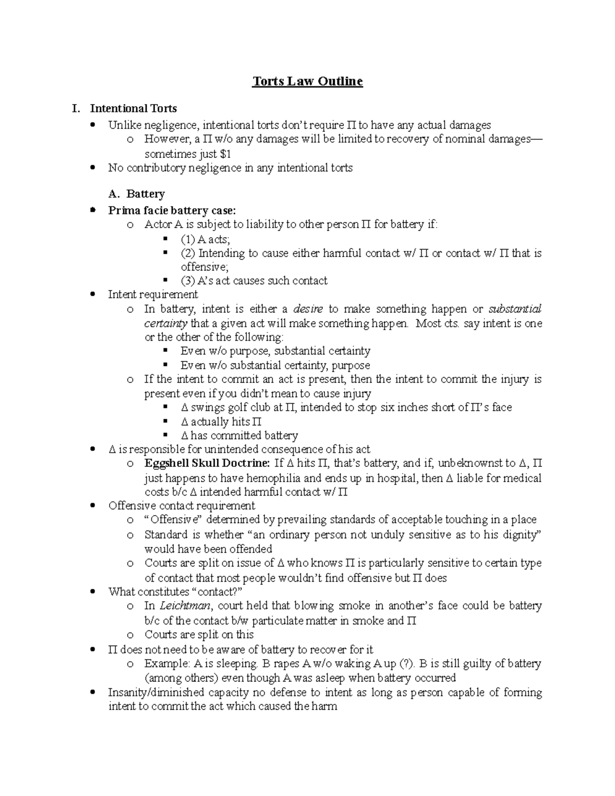 Tort Law Outline - Professor Alvarez - Torts Law Outline I. Intentional ...