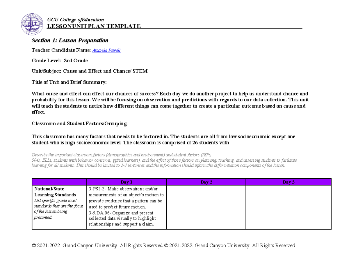 Week 4-3-day unit plan template - Section 1: Lesson Preparation Teacher ...