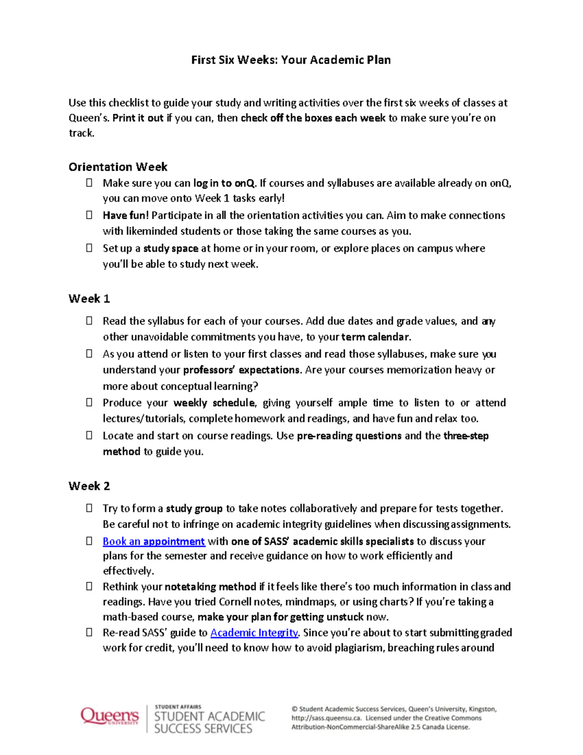 First Six Weeks Academic Plan - First Six Weeks: Your Academic Plan Use ...