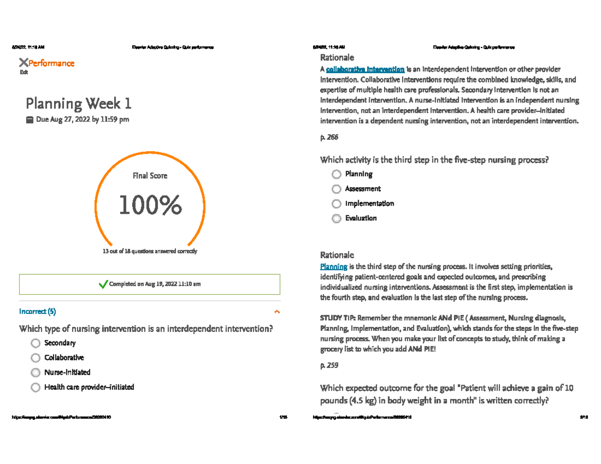 Planning Week 1 - EAQ - NUR 212 - Studocu