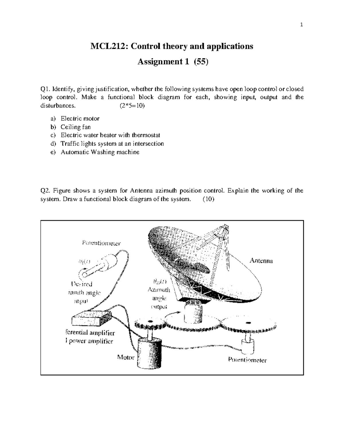 A1 - 2ND SEMESTER - 1 MCL212: Control theory and applications Assignment 1 (55) Q1. Identify ...