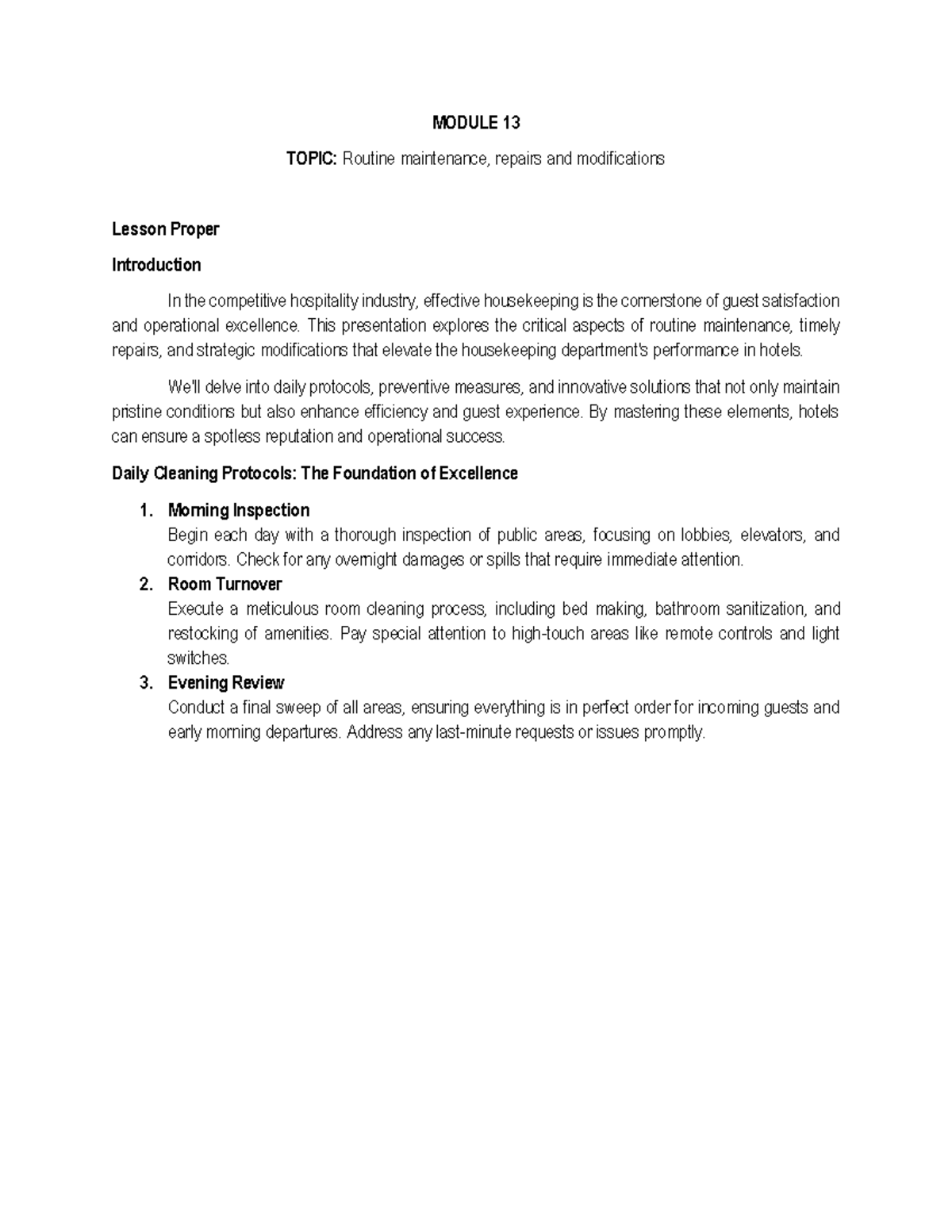 Module 13 Lesson Proper - MODULE 13 TOPIC: Routine maintenance, repairs ...