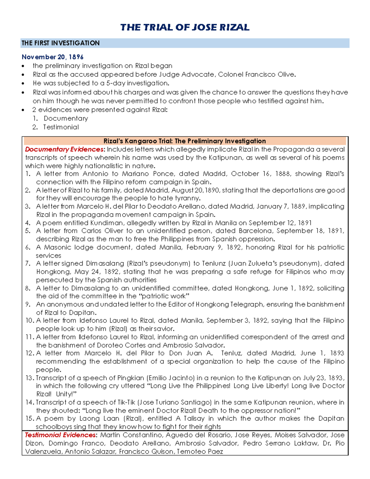 Jose Rizal - The Trial, Testaments, People and Timeline - THE TRIAL OF ...