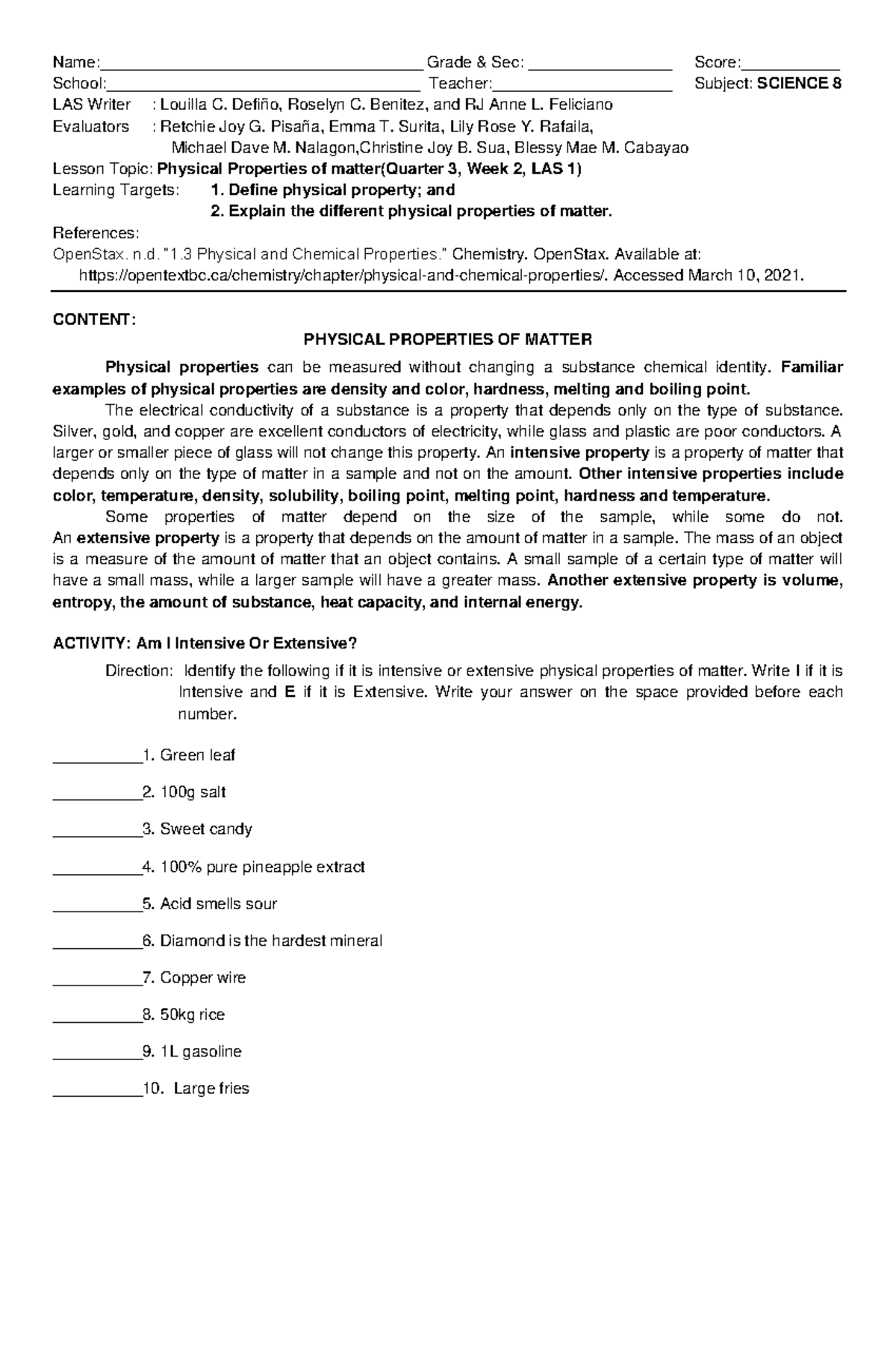 Science 8 Q3 WEEK 2 LAS 1-Physical Properties of Matter - Name