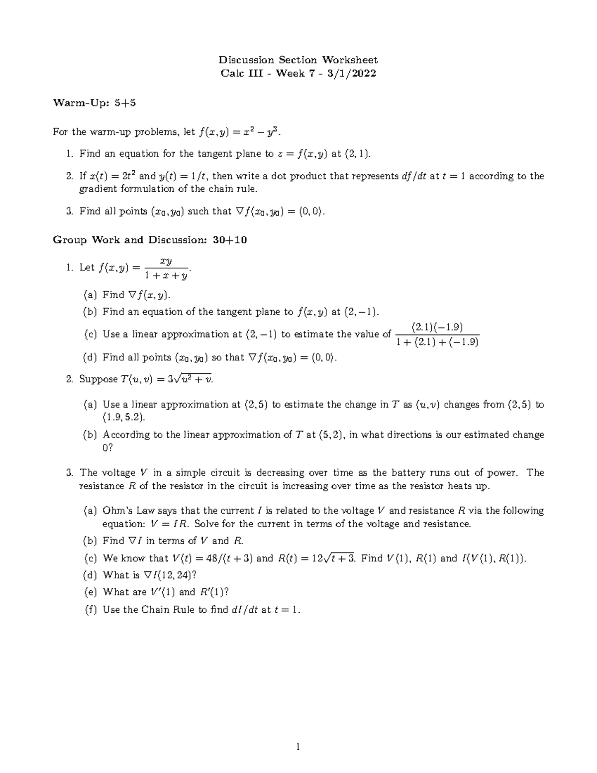Week 7 - notes - Discussion Section Worksheet Calc III - Week 7 - 3/1 ...