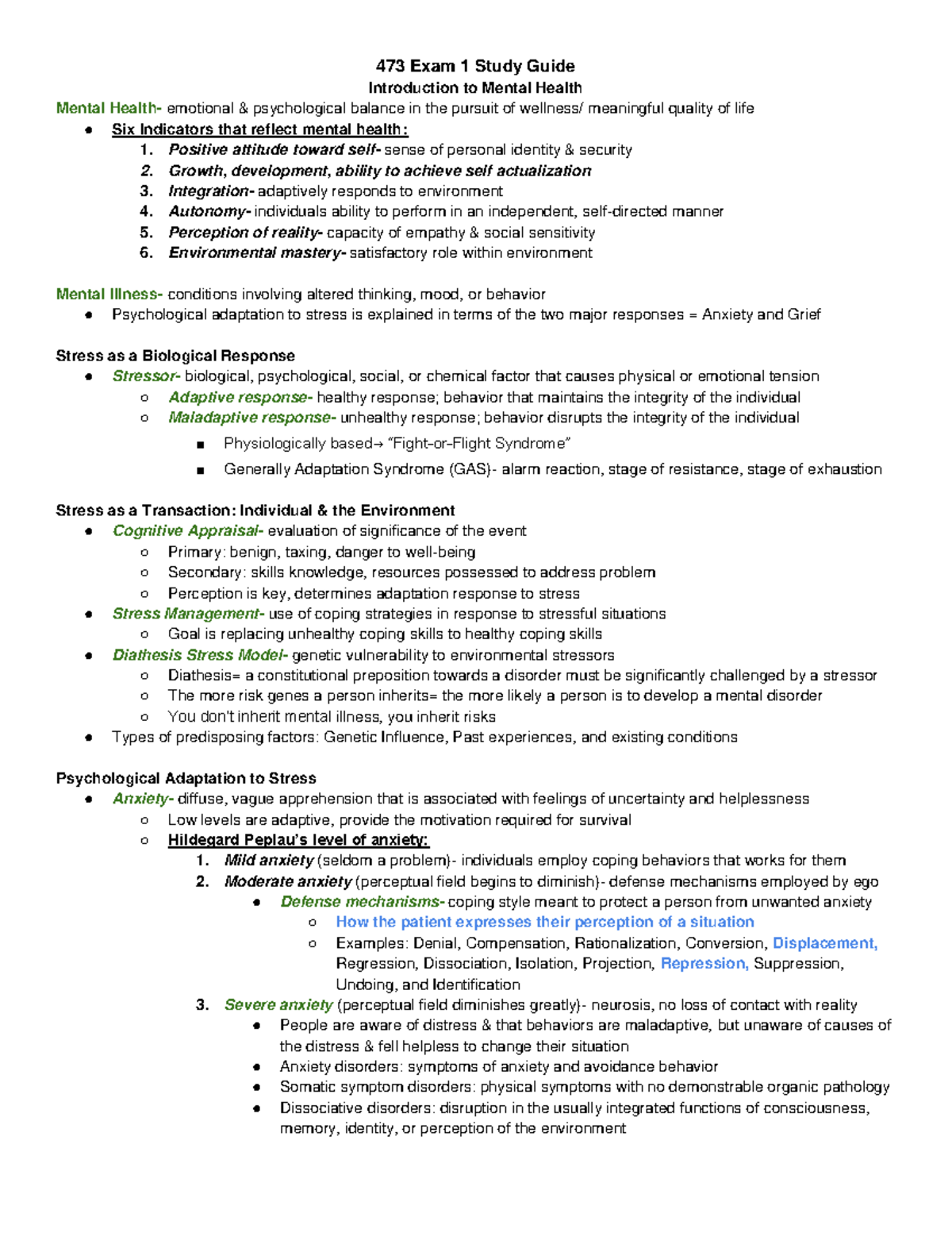 473 Exam 1 SG - Summary Mental Health - 473 Exam 1 Study Guide ...