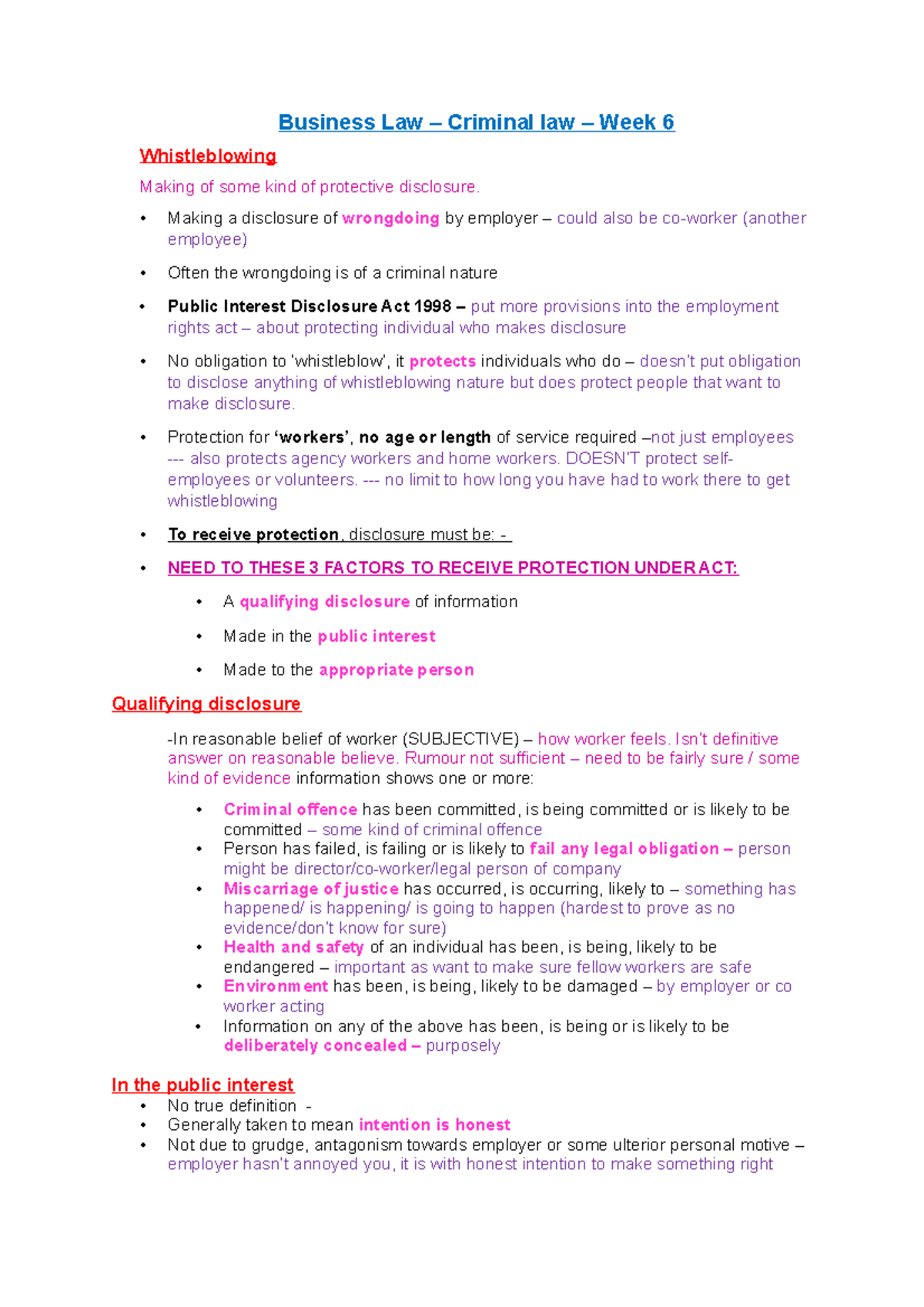 Business Law week 6 notes - Business Law – Criminal law – Week 6 ...