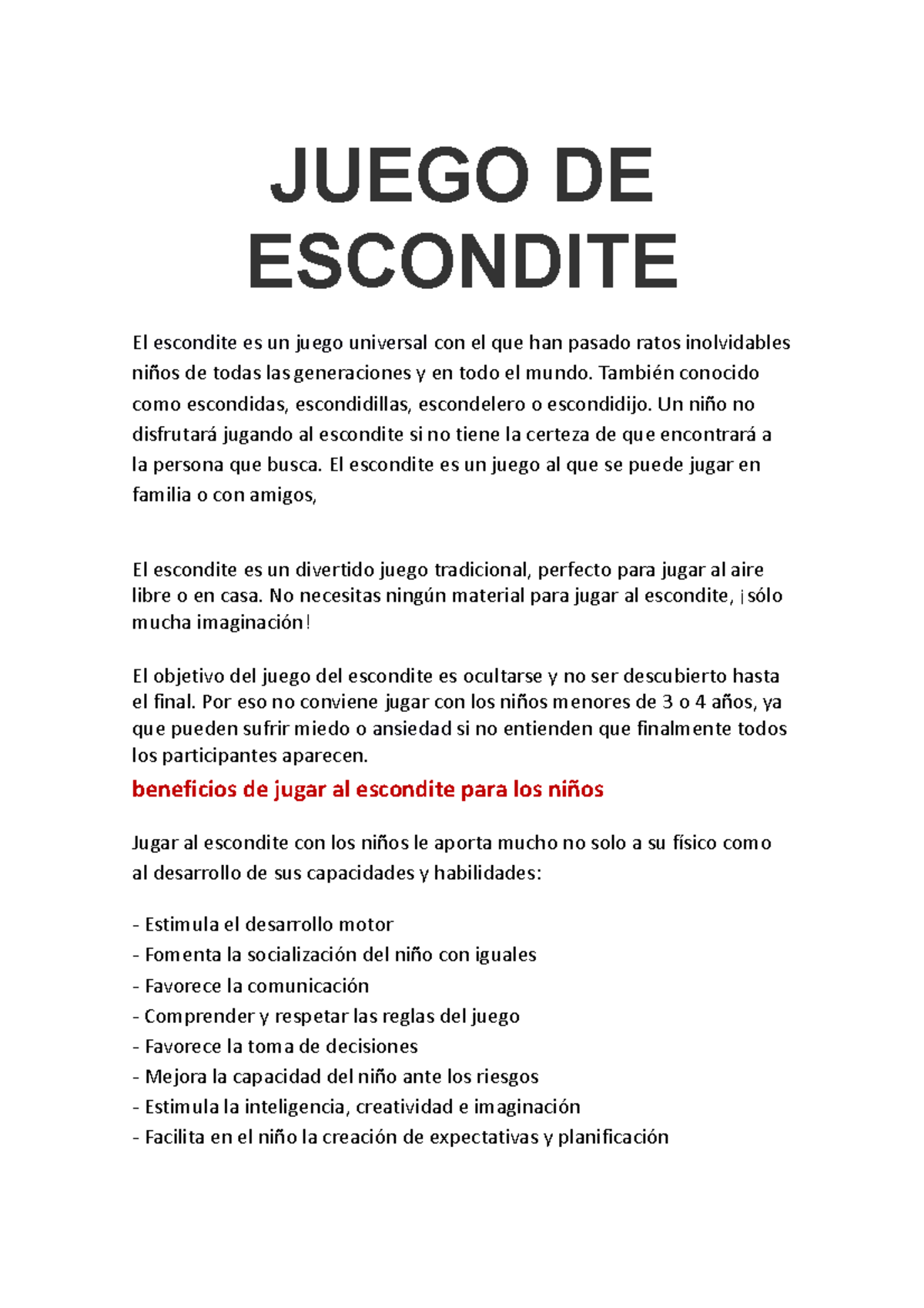Juego DE Escondite - JUEGO DE ESCONDITE El escondite es un juego ...