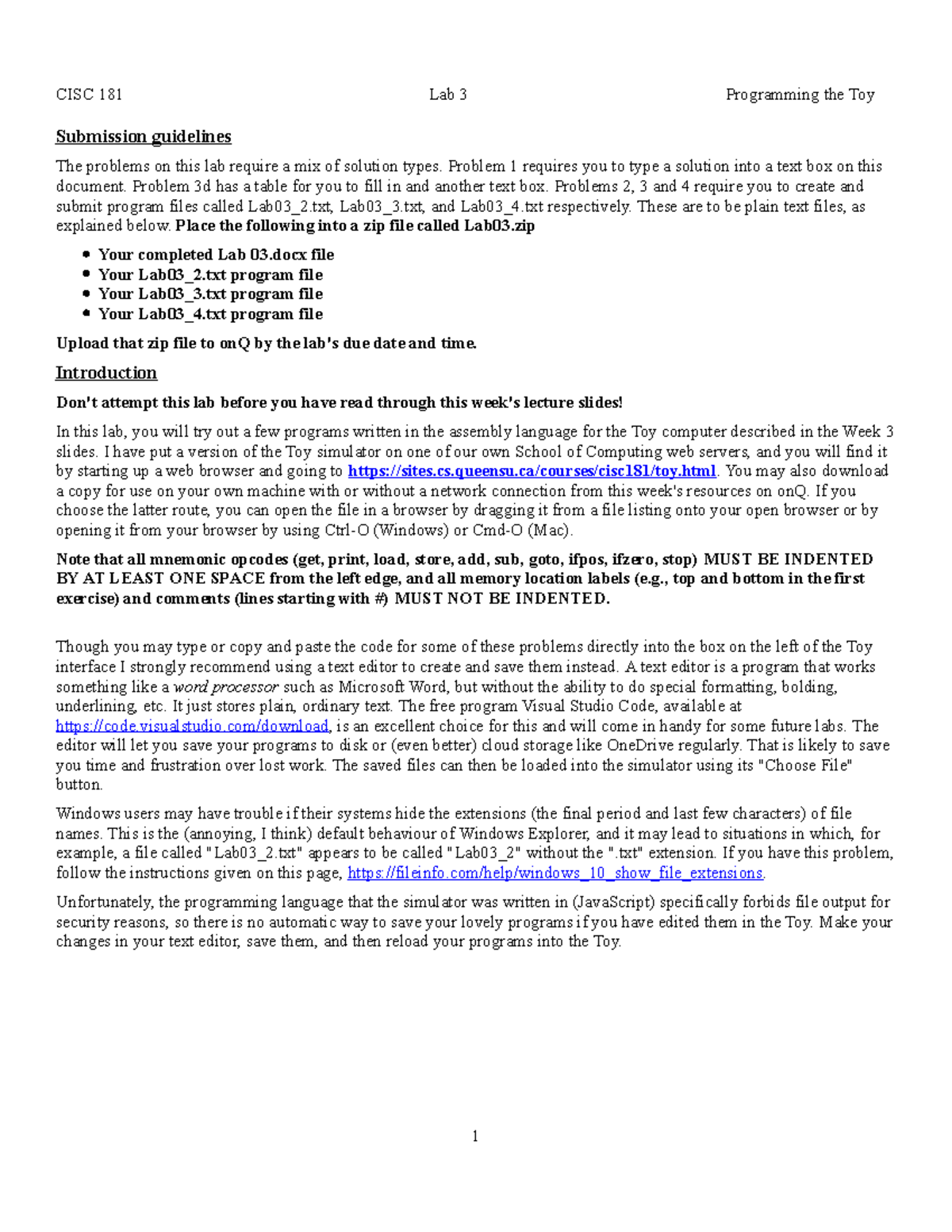 Lab 03sdiufhejnd sdfhjbhsdhf - CISC 181 Lab 3 Programming the Toy Submission guidelines The ...