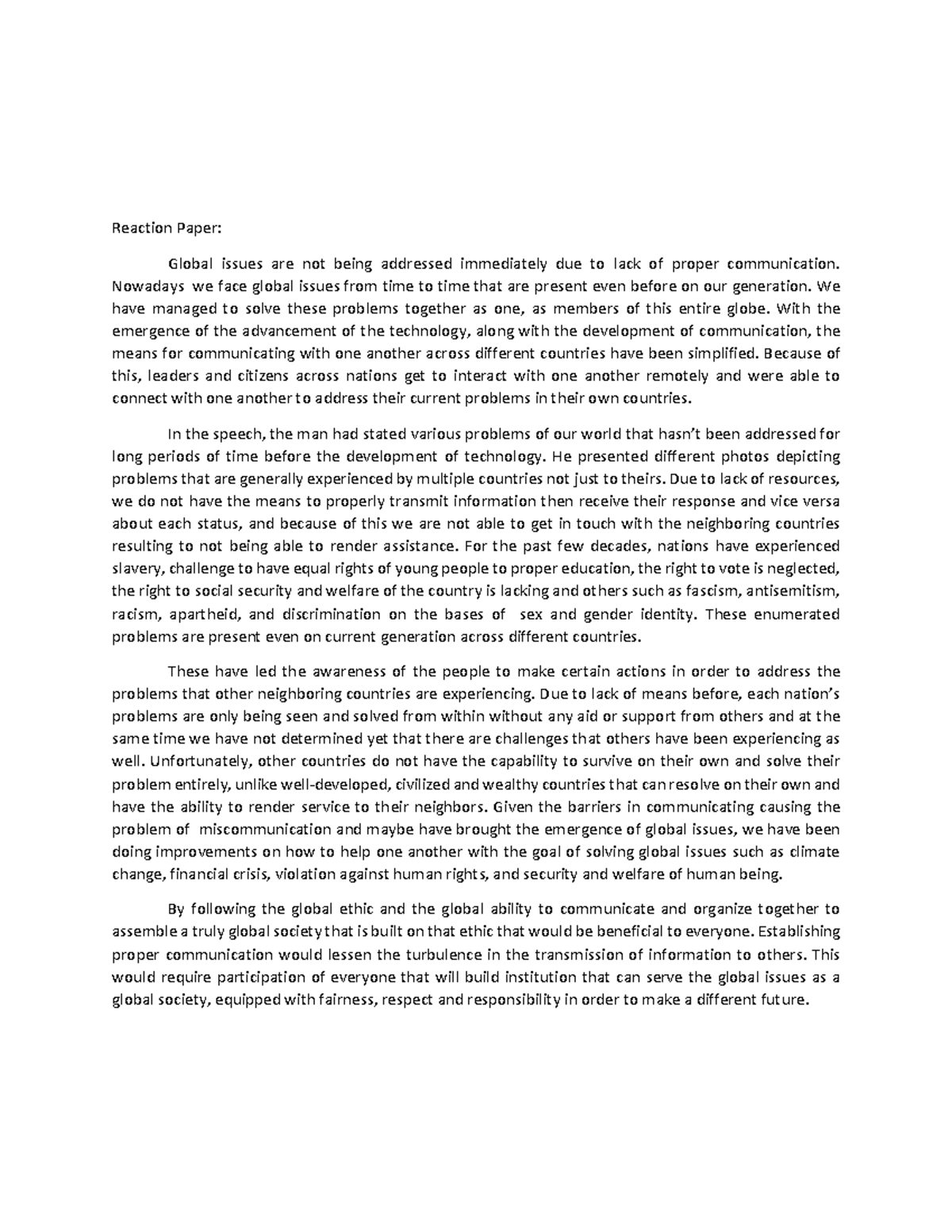 Reaction Paper on Global Issues - John Michael M. Rustria BSN 1-B ...
